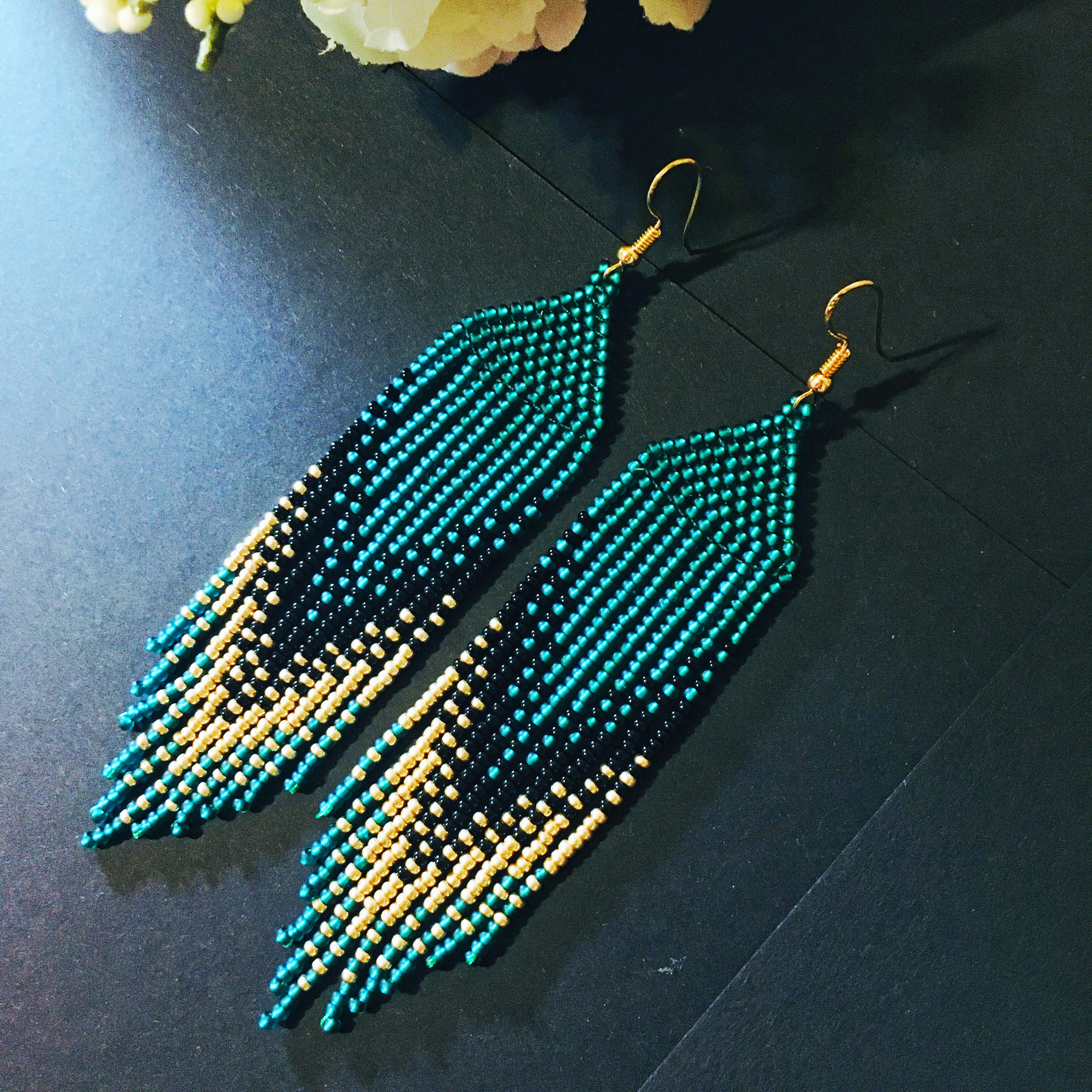 Black Gold Turquoise Green Fringe Bead Earrings Turquoise - Etsy