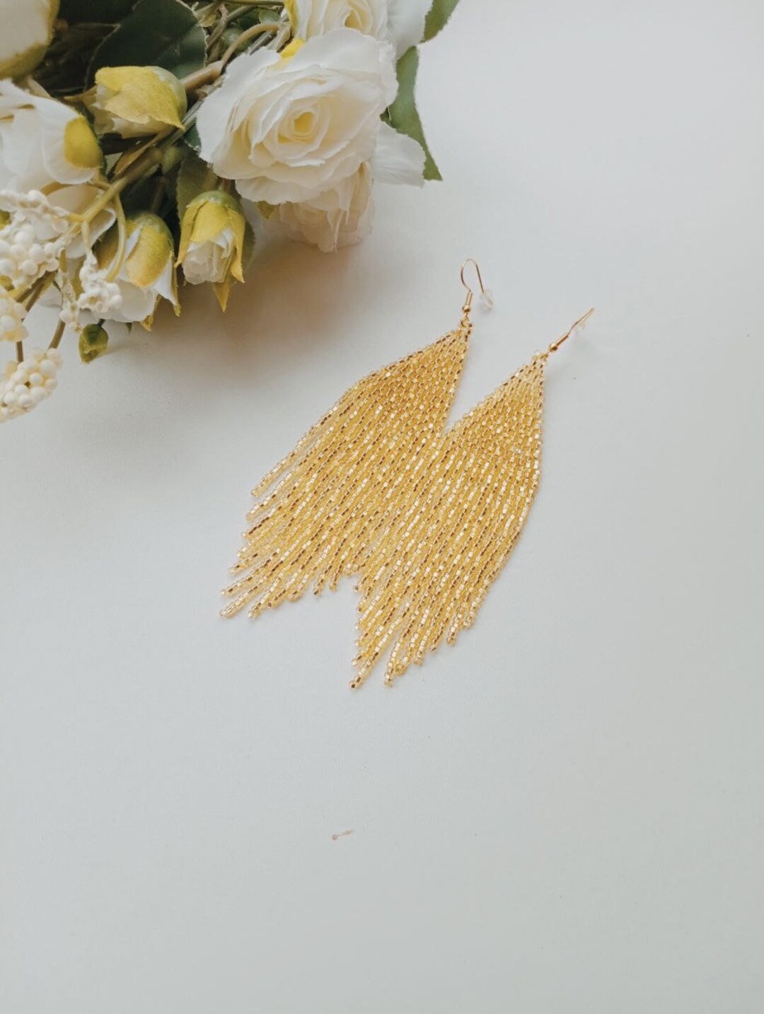 Bead Earrings, Gold Long Bead Earrings, Dangle Earrings, Shoulder ...