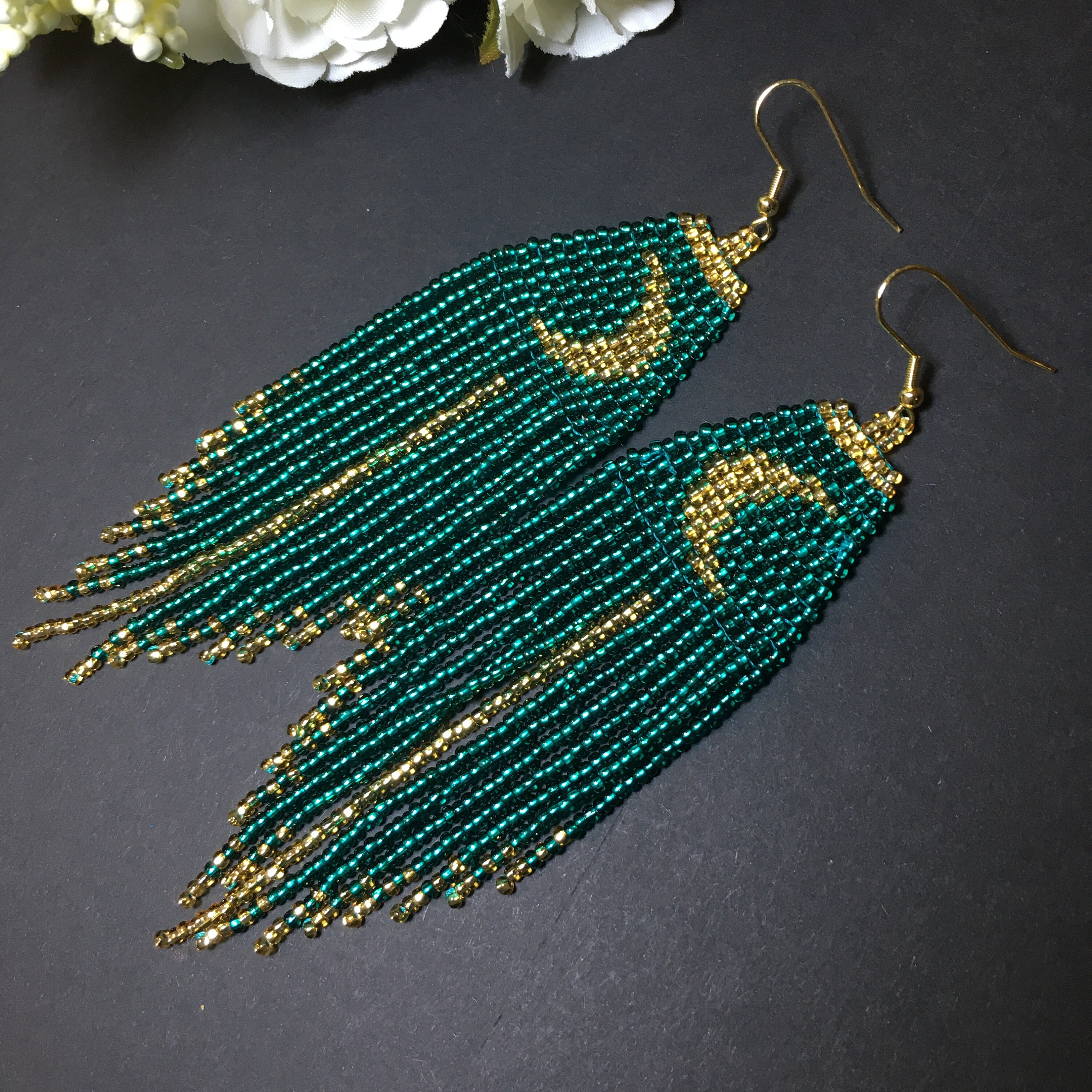 Beaded moon earrings bead earrings turquoise green long | Etsy
