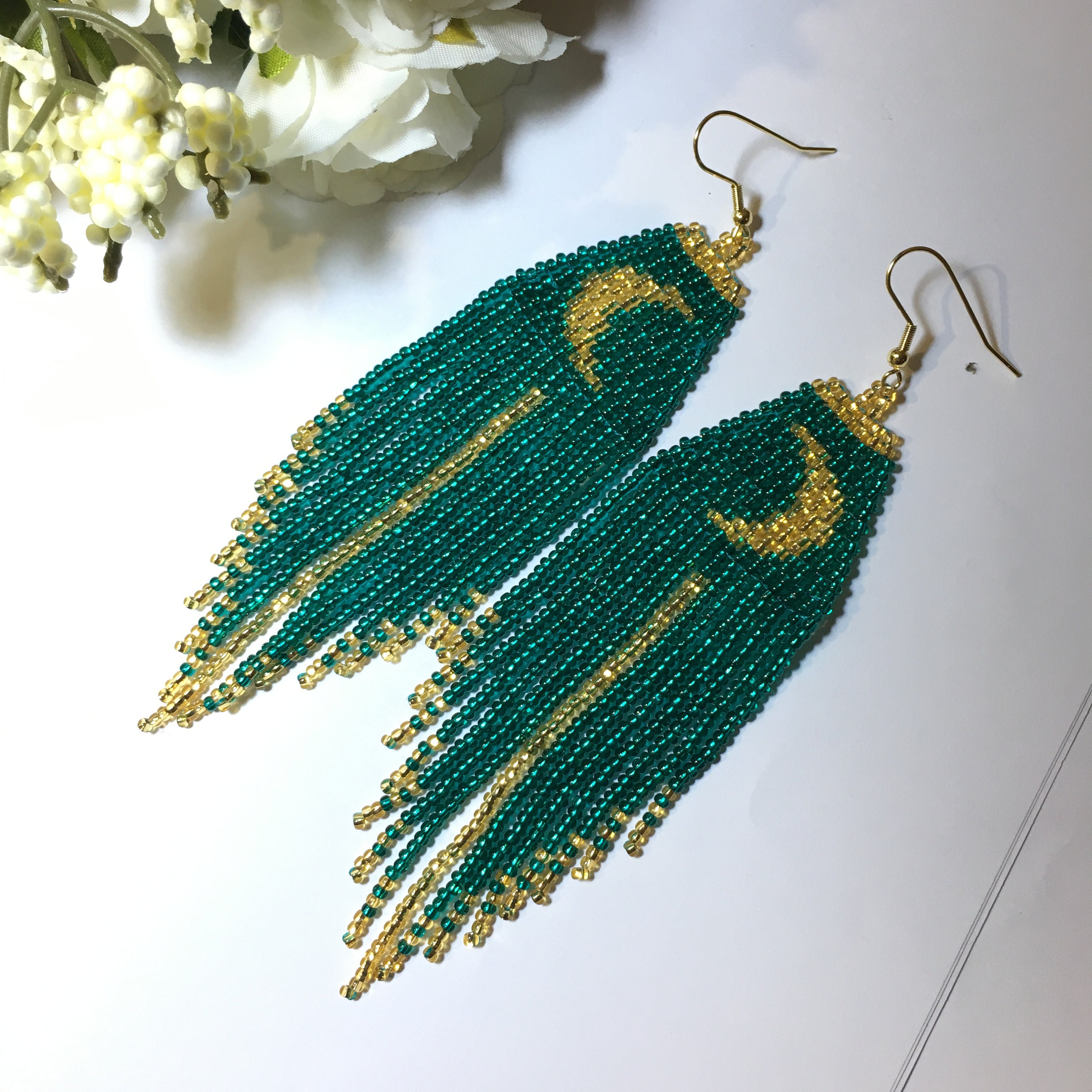 Beaded moon earrings bead earrings turquoise green long | Etsy