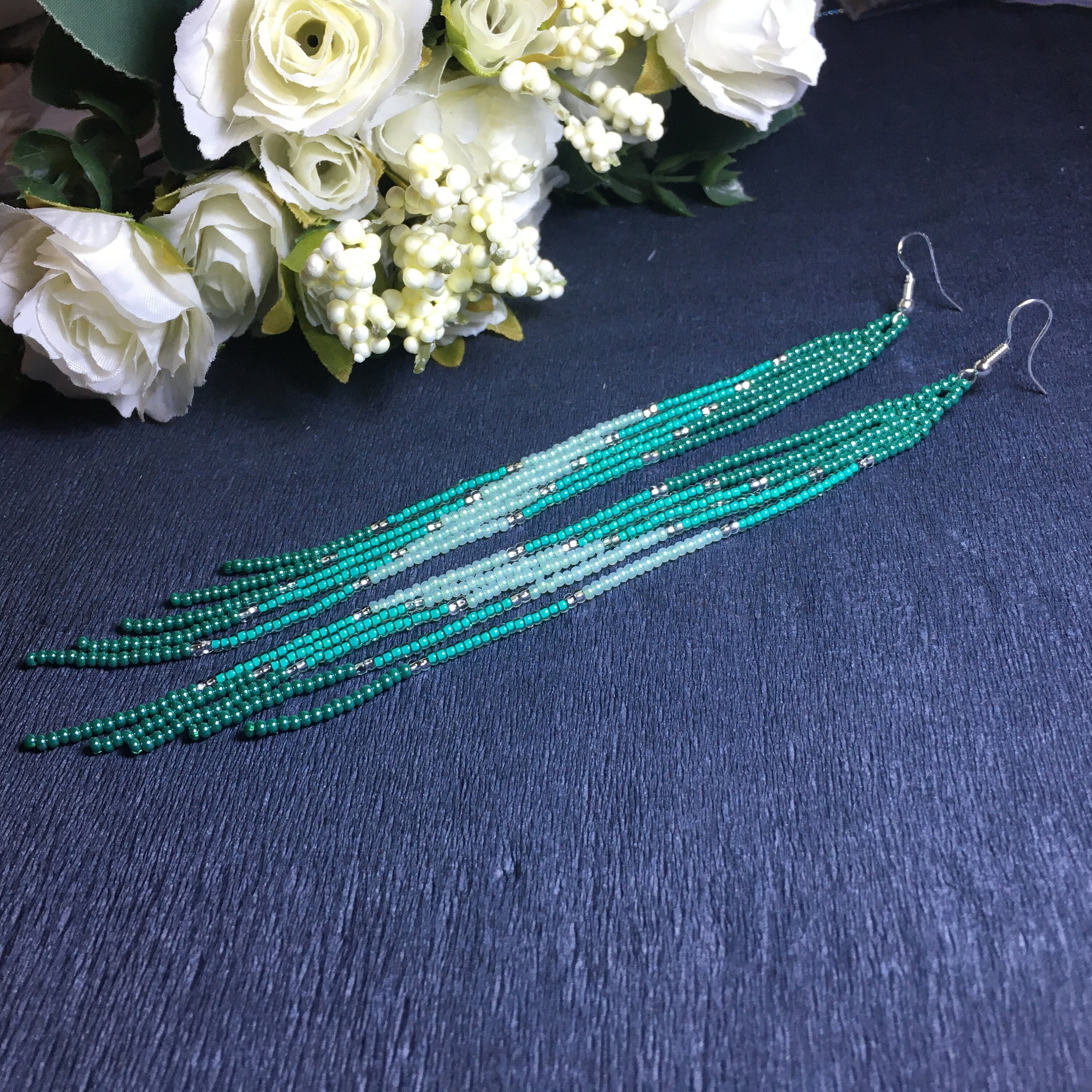 Turquoise fringe bead earrings turquoise long bead earrings | Etsy