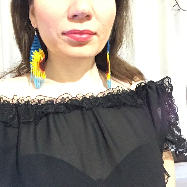 Sunflower Earrings Blue Yellow Long Fringed Earrings Floral | Etsy