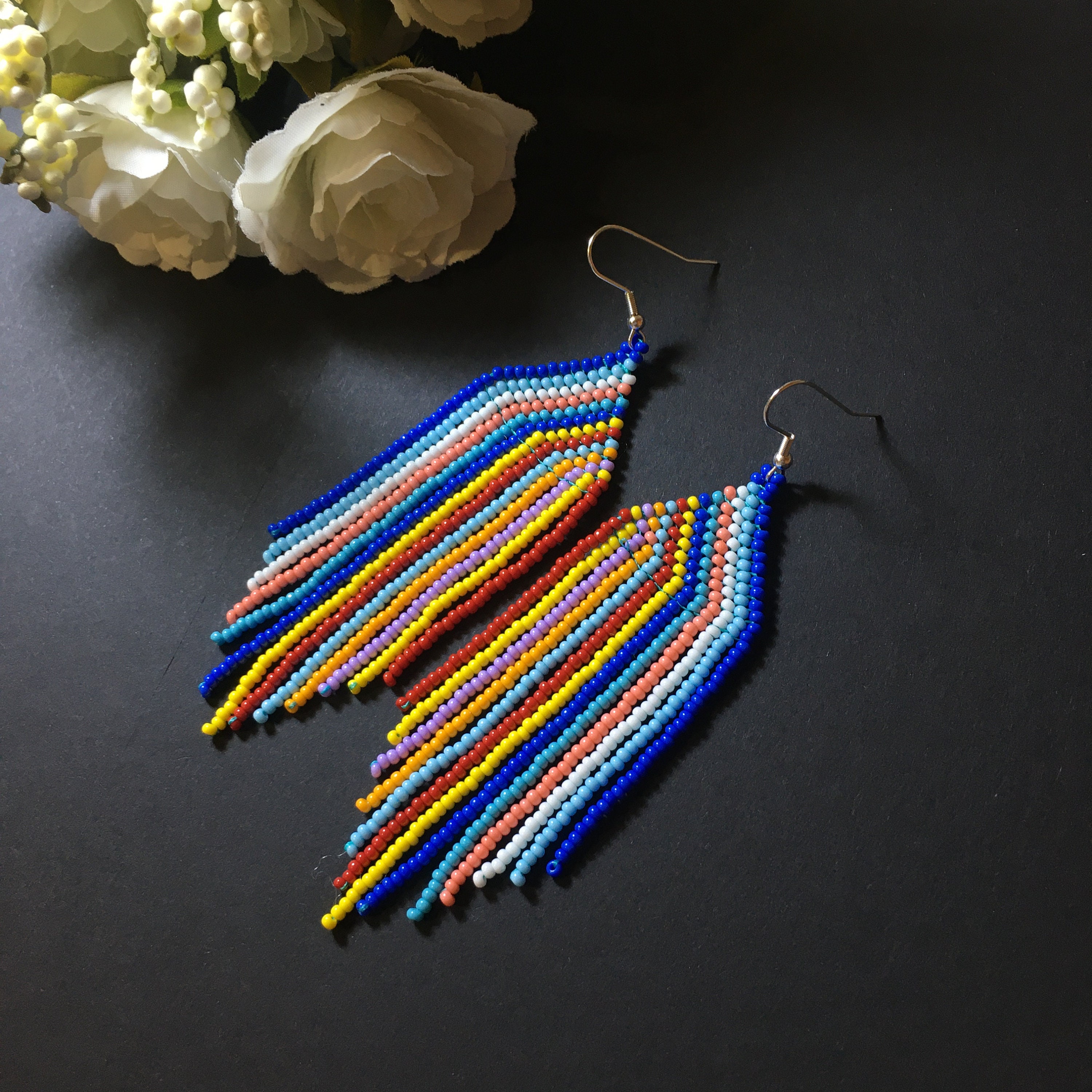 Multicolored Rainbow Earring Gradient Long Seed Bead Earrings. Rainbow ...