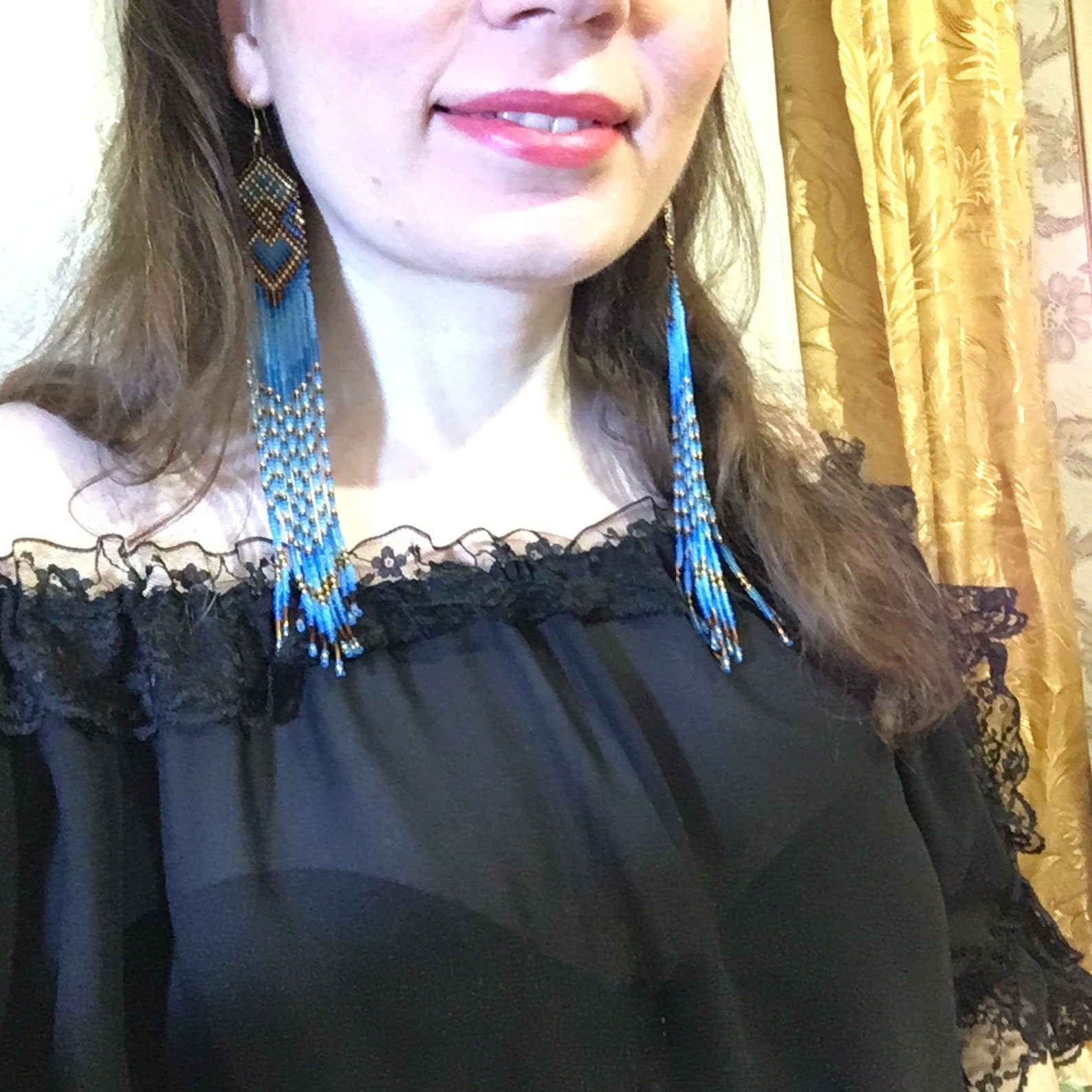 Bead Earrings Blue Very Long Earrings Extra Long Earrings - Etsy