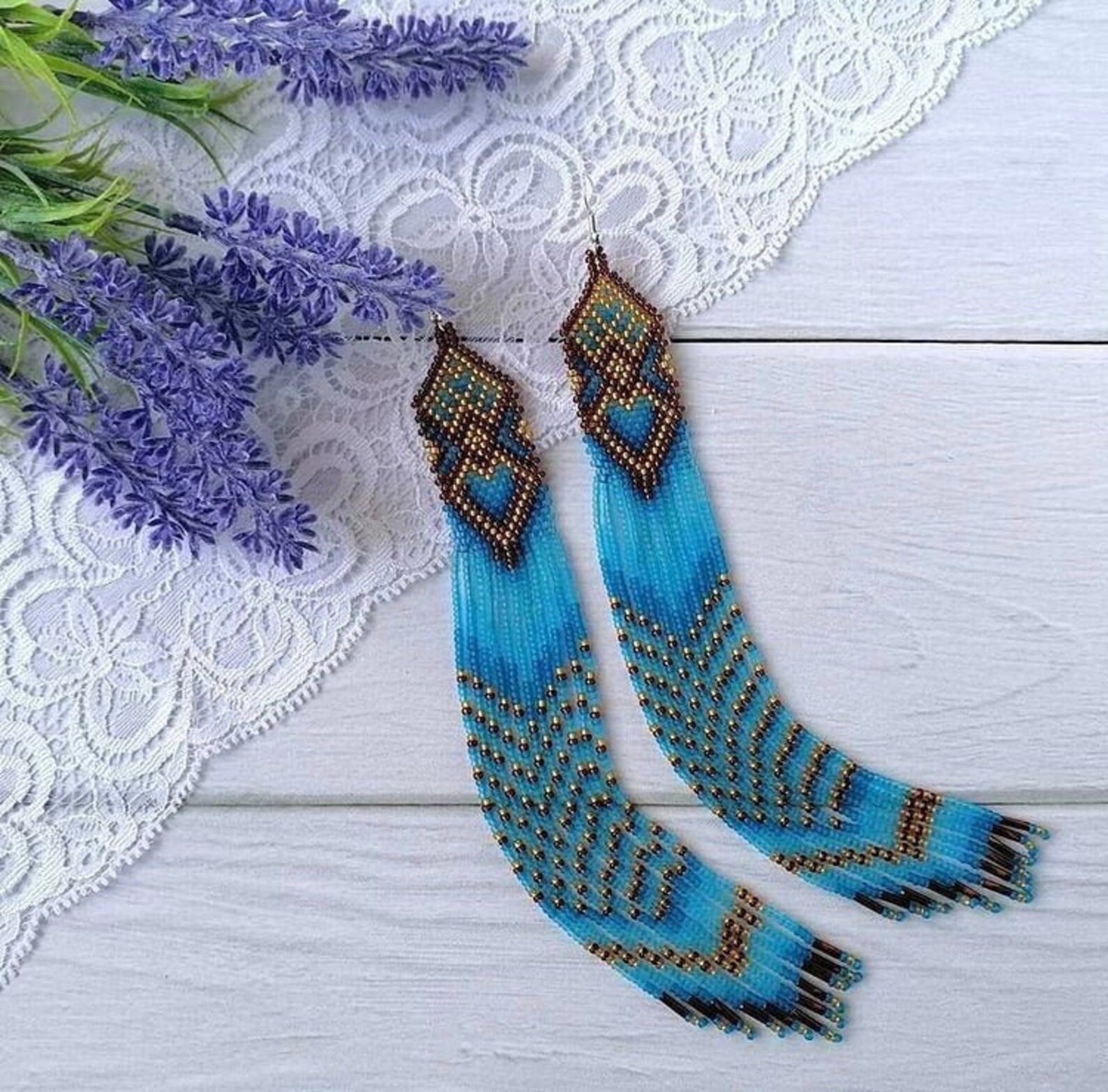 Bead Earrings Blue Very Long Earrings Extra Long Earrings - Etsy