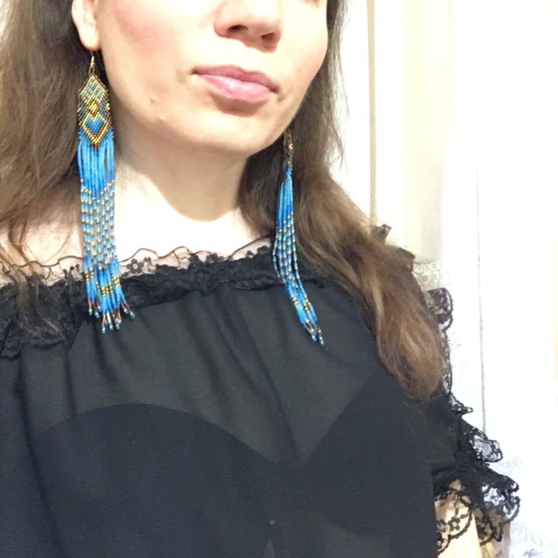 Bead Earrings Blue Very Long Earrings Extra Long Earrings - Etsy