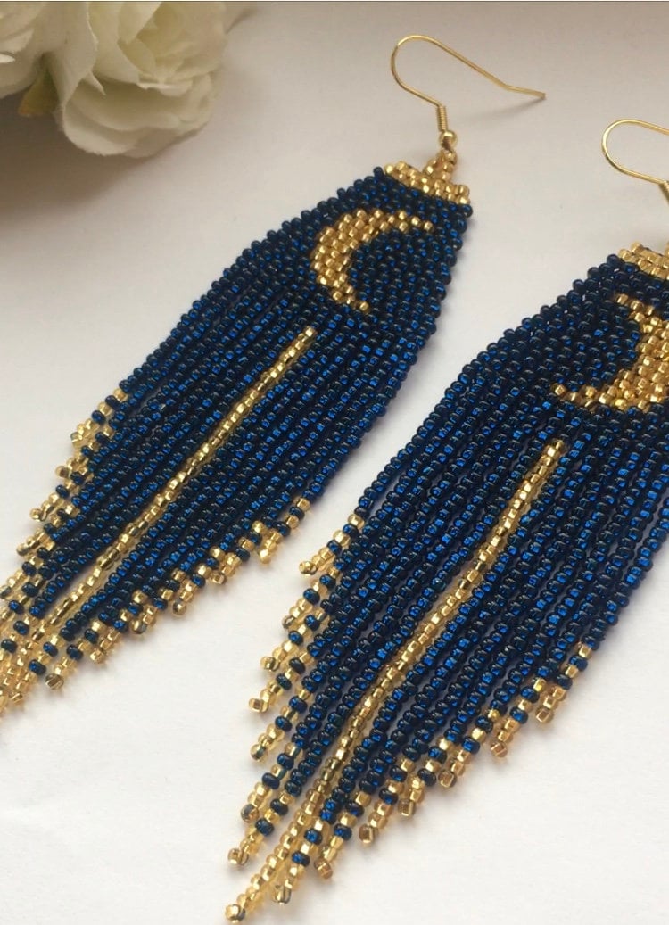 Beaded moon earrings bead earrings dark blue long earrings | Etsy