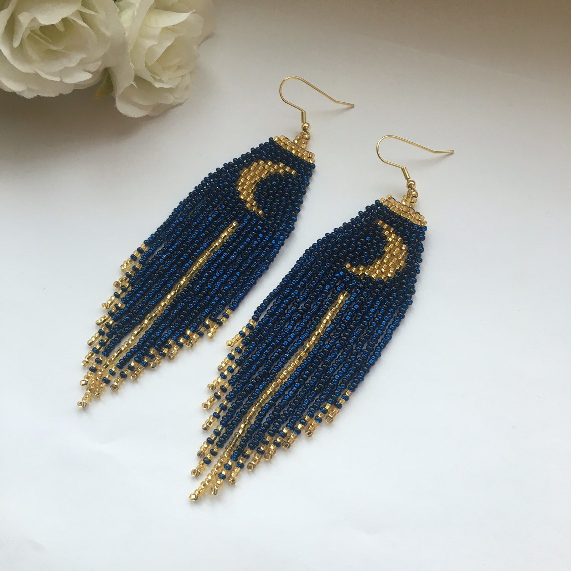 Beaded Moon Earrings, Bead Earrings, Dark Blue Long Earrings, Fringe ...