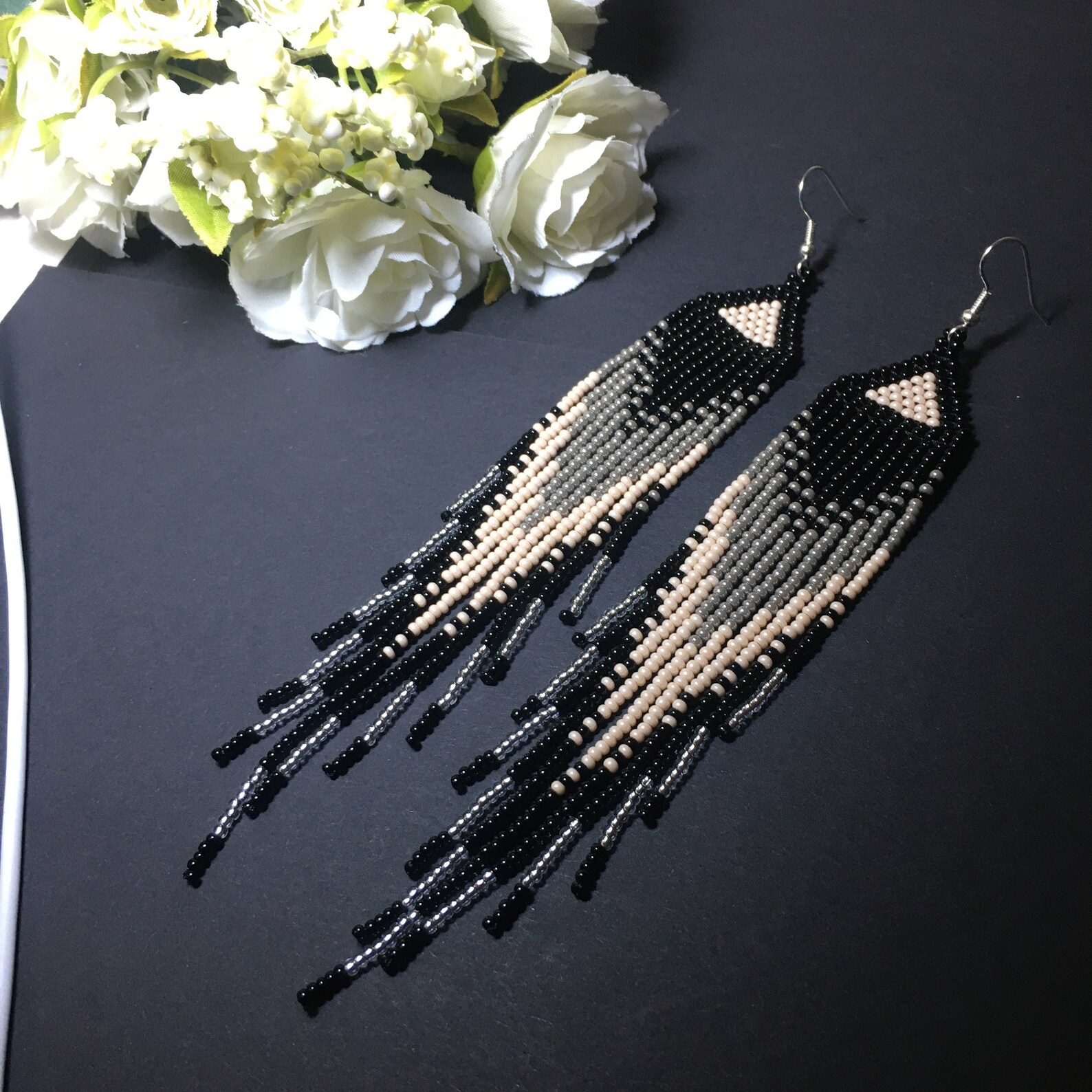 Black Beaded Peacock Fringe Earrings. Black Beige Gray Silver Long Bead ...