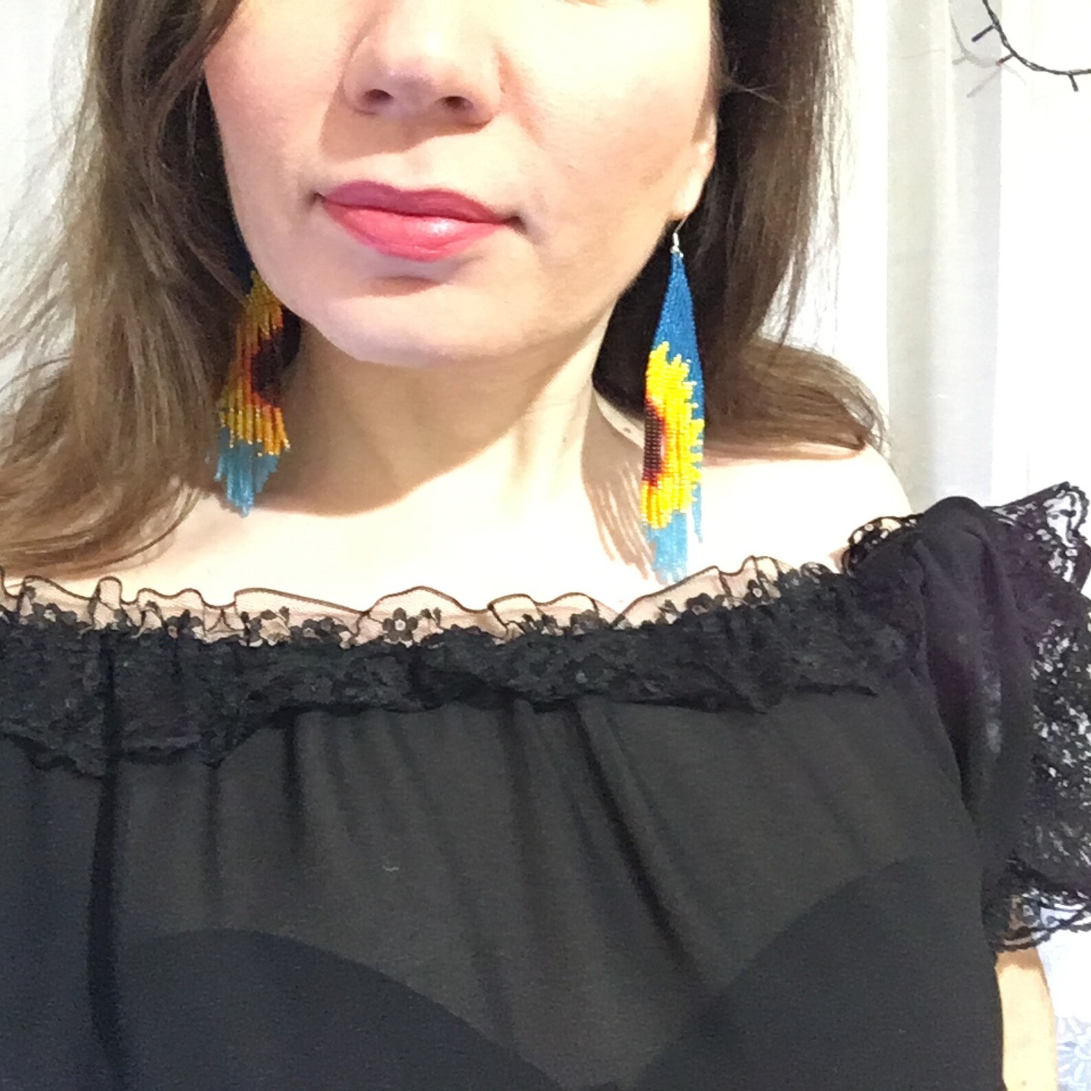 Sunflower Earrings Blue Yellow Long Fringed Earrings Floral - Etsy