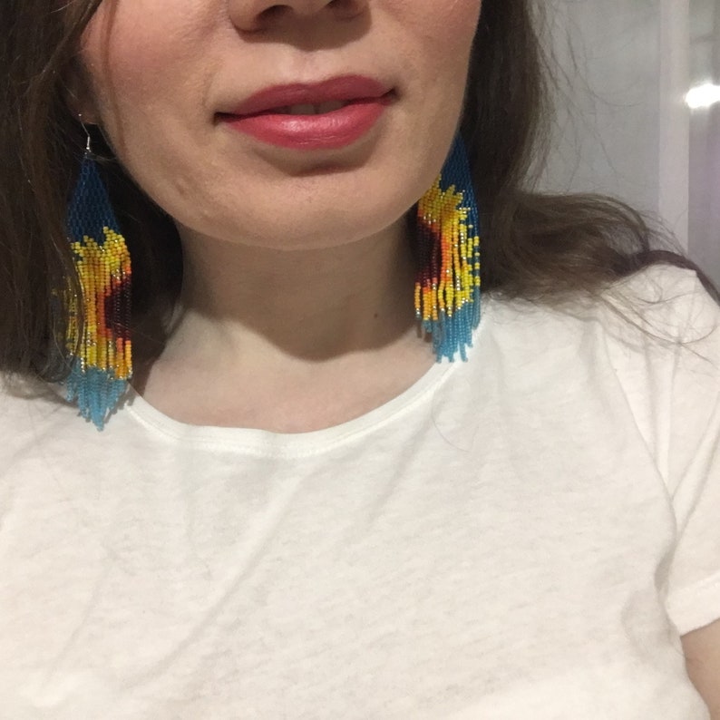 Sunflower Earrings Blue Yellow Long Fringed Earrings Floral | Etsy