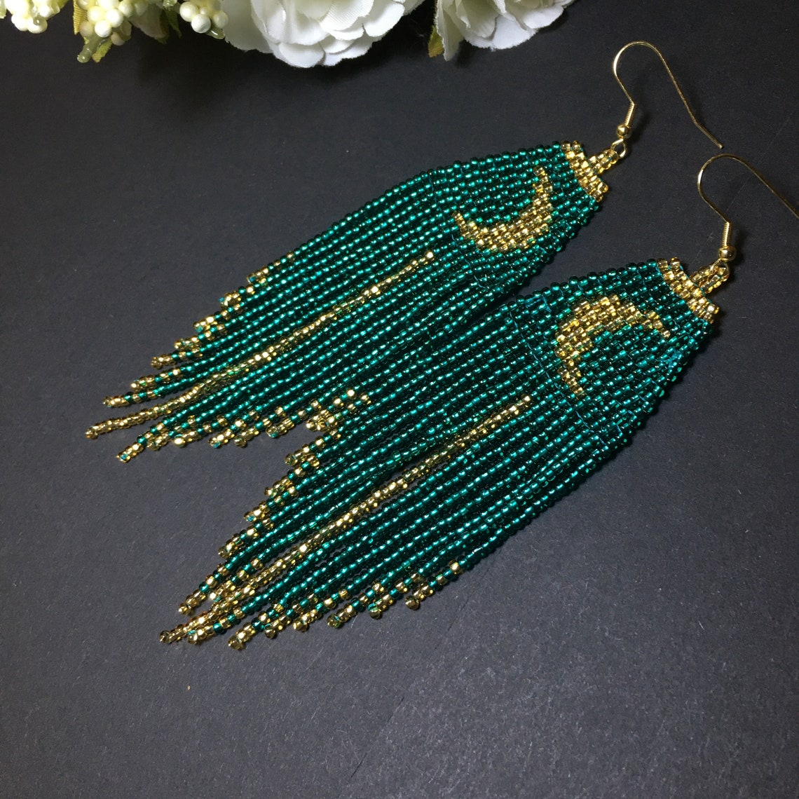 Beaded moon earrings bead earrings turquoise green long | Etsy