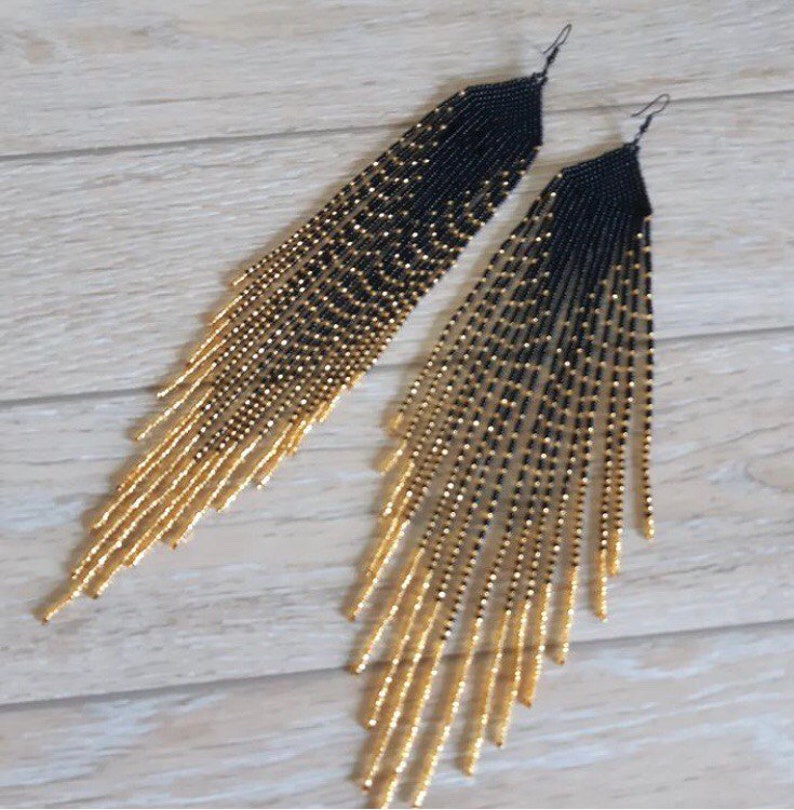 Beaded Earrings, Black Gold Very Long Earrings, Extra Long Earrings ...