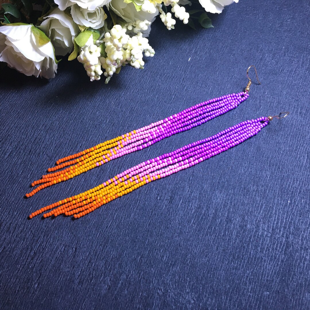 Purple Long Seed Bead Earrings, Dangle Fringe Earrings, Shoulder Duster ...