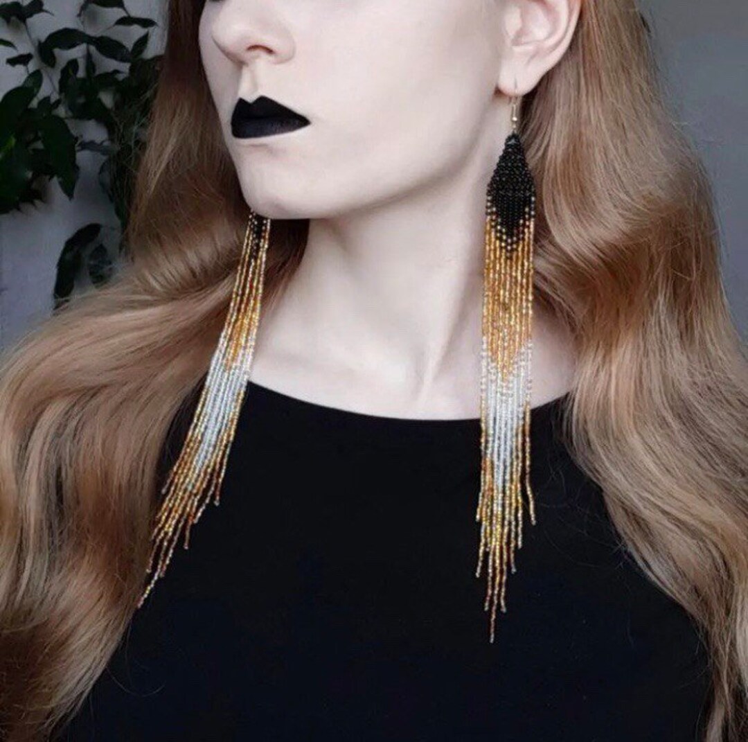 Beaded Earrings, Black Gold Very Long Earrings, Extra Long Earrings ...