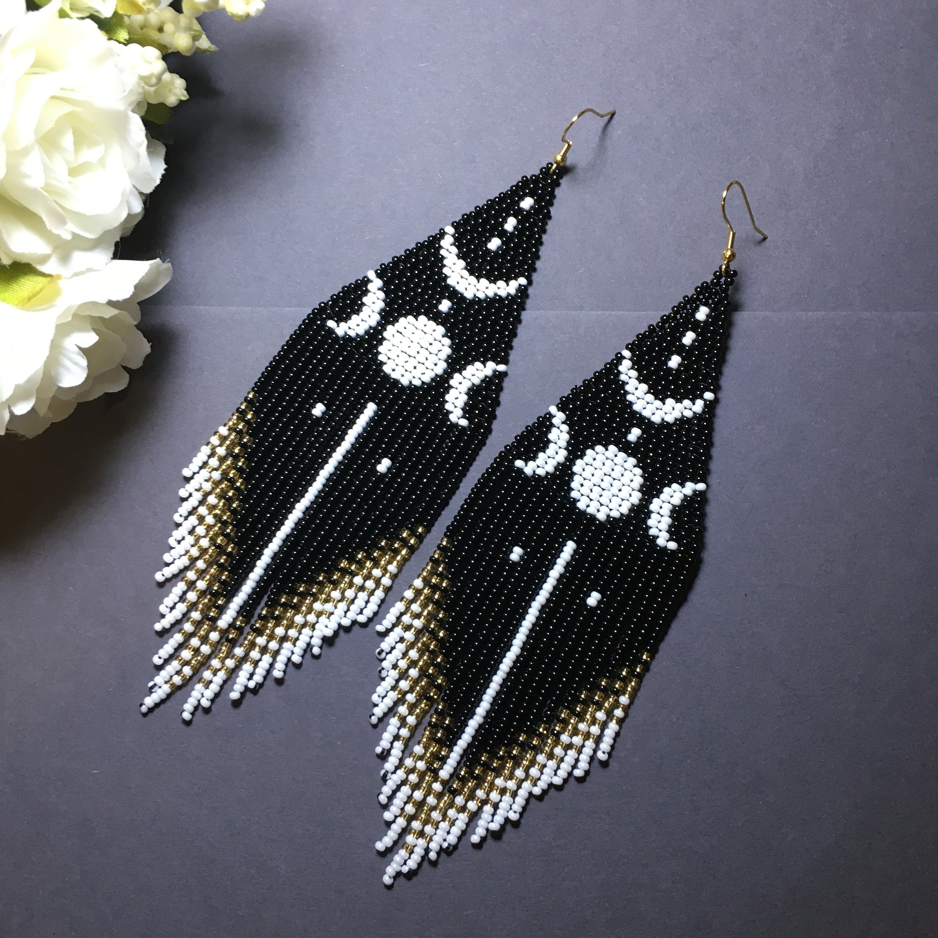 Bead Earrings Earrings Moon Black Gold Very Long Earrings - Etsy