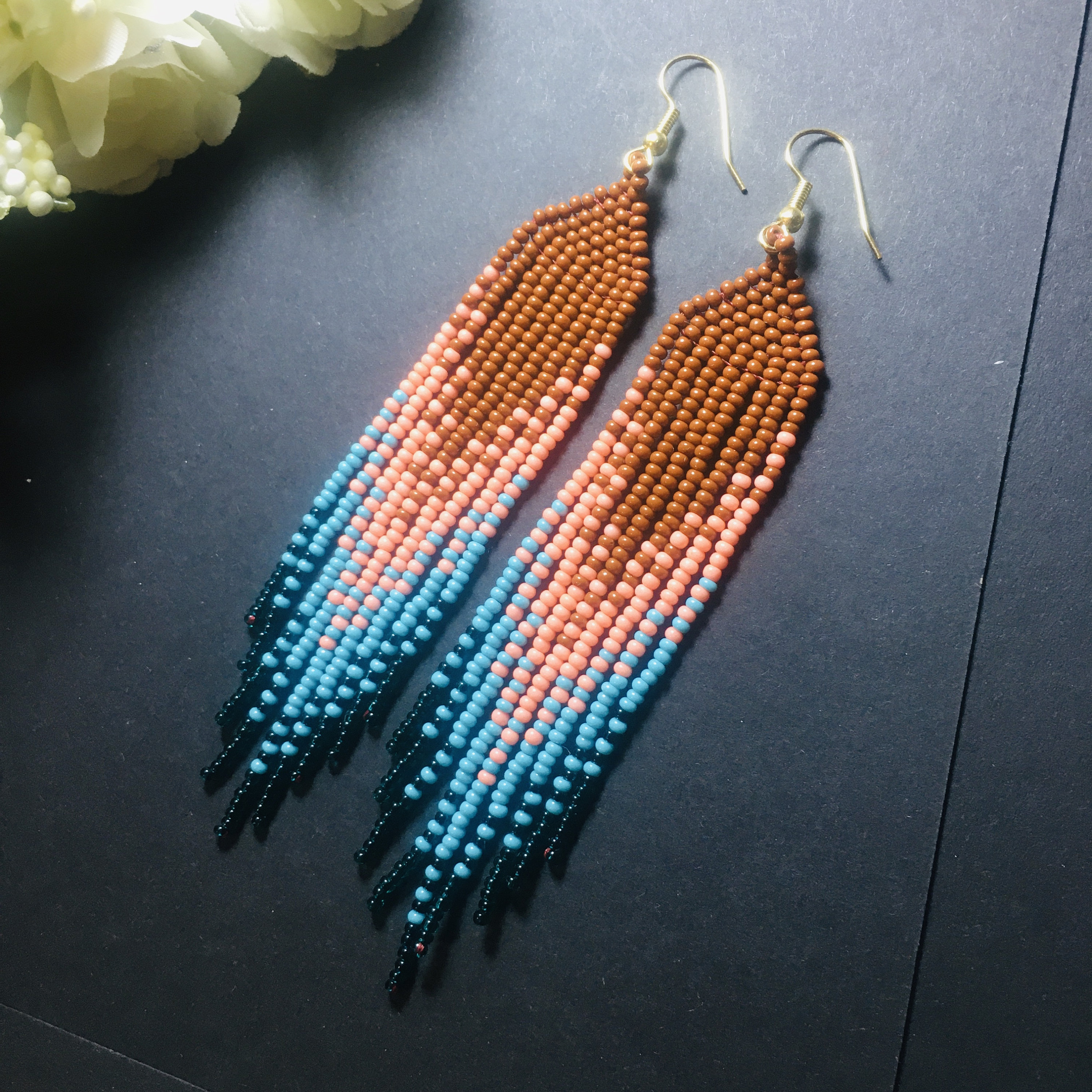 Turquoise Coral Earring Gradient Long Seed Bead Earrings, Dangle Fringe ...