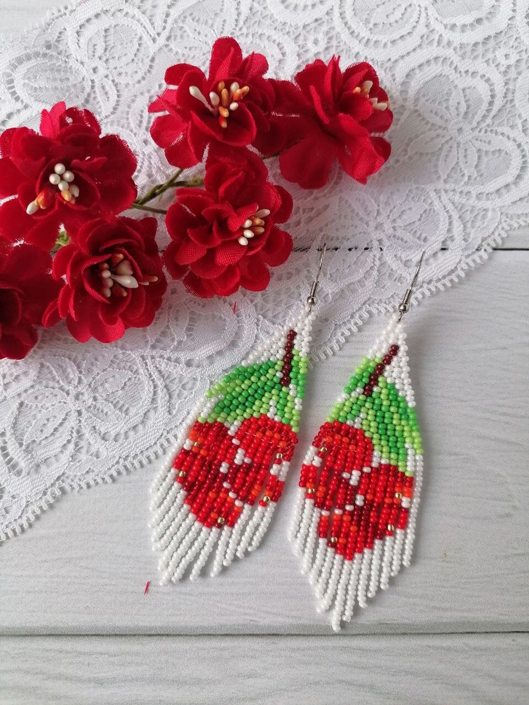 Bright Juicy Cherry Bead Earrings - Boho Fringe Long Earrings - Etsy