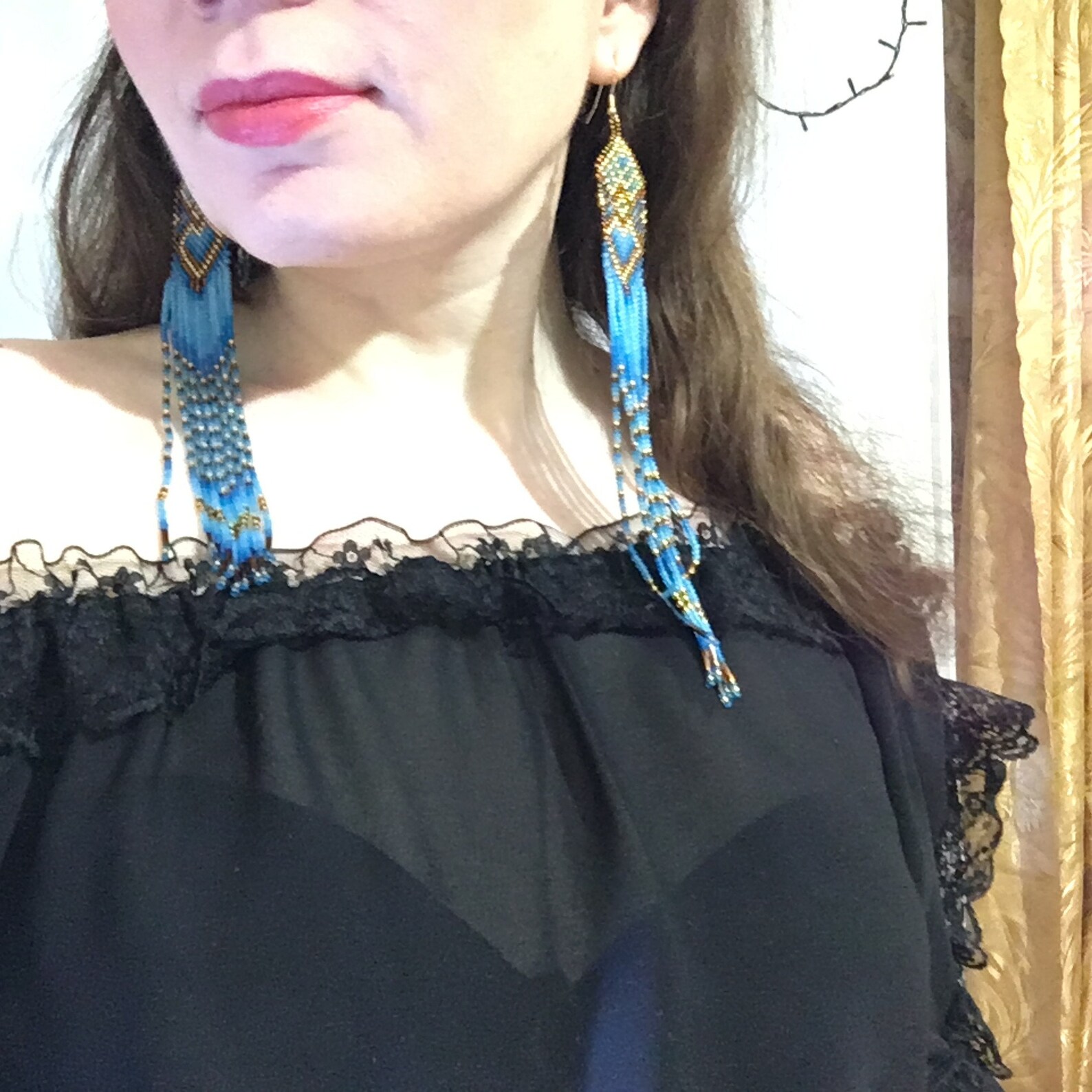 Bead Earrings Blue Very Long Earrings Extra Long Earrings - Etsy