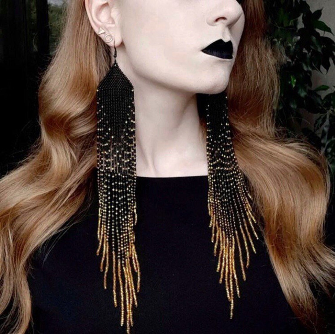 Beaded Earrings, Black Gold Very Long Earrings, Extra Long Earrings ...