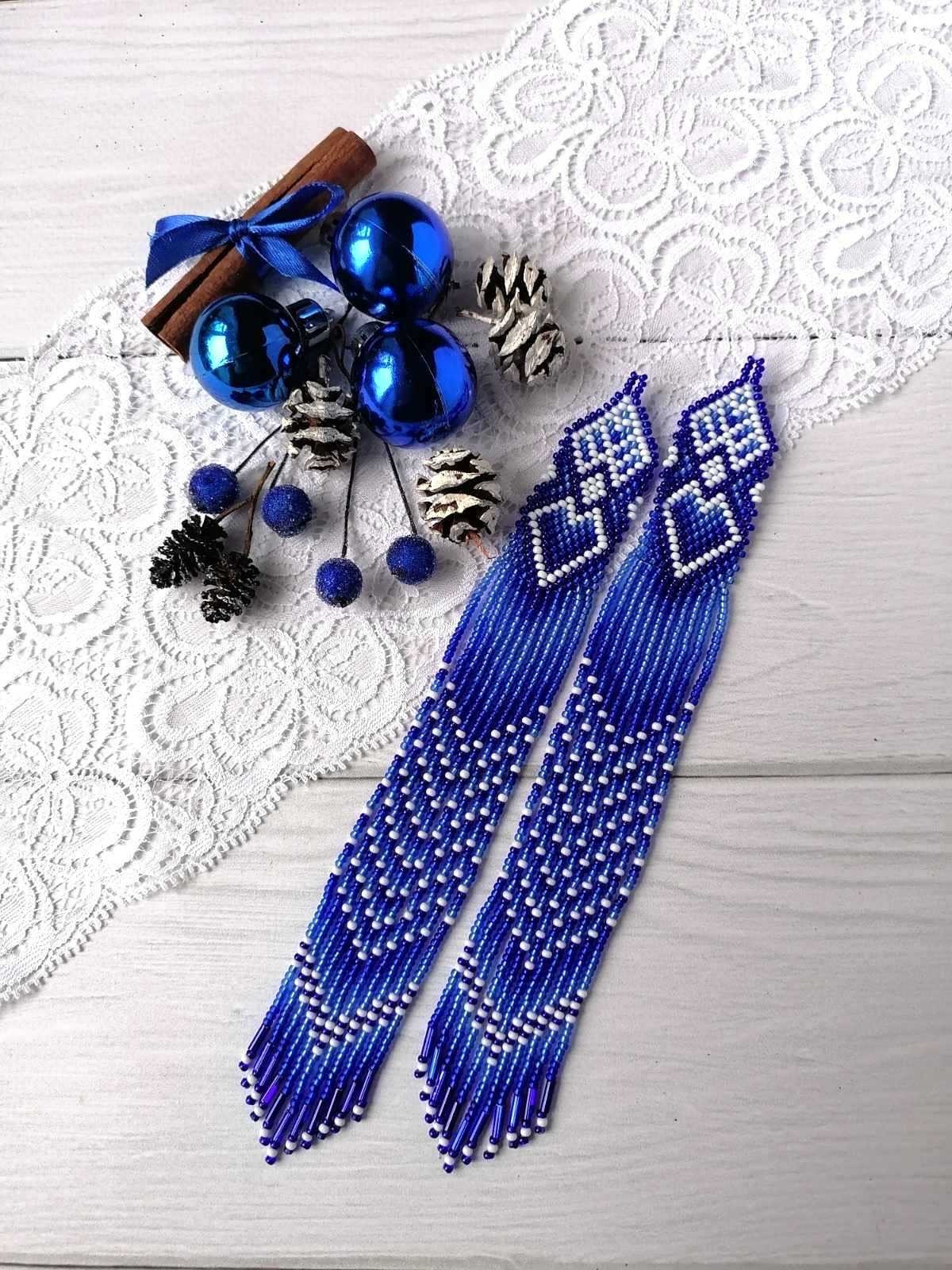 Bead Earrings, Blue White Very Long Earrings, Extra Long Earrings ...