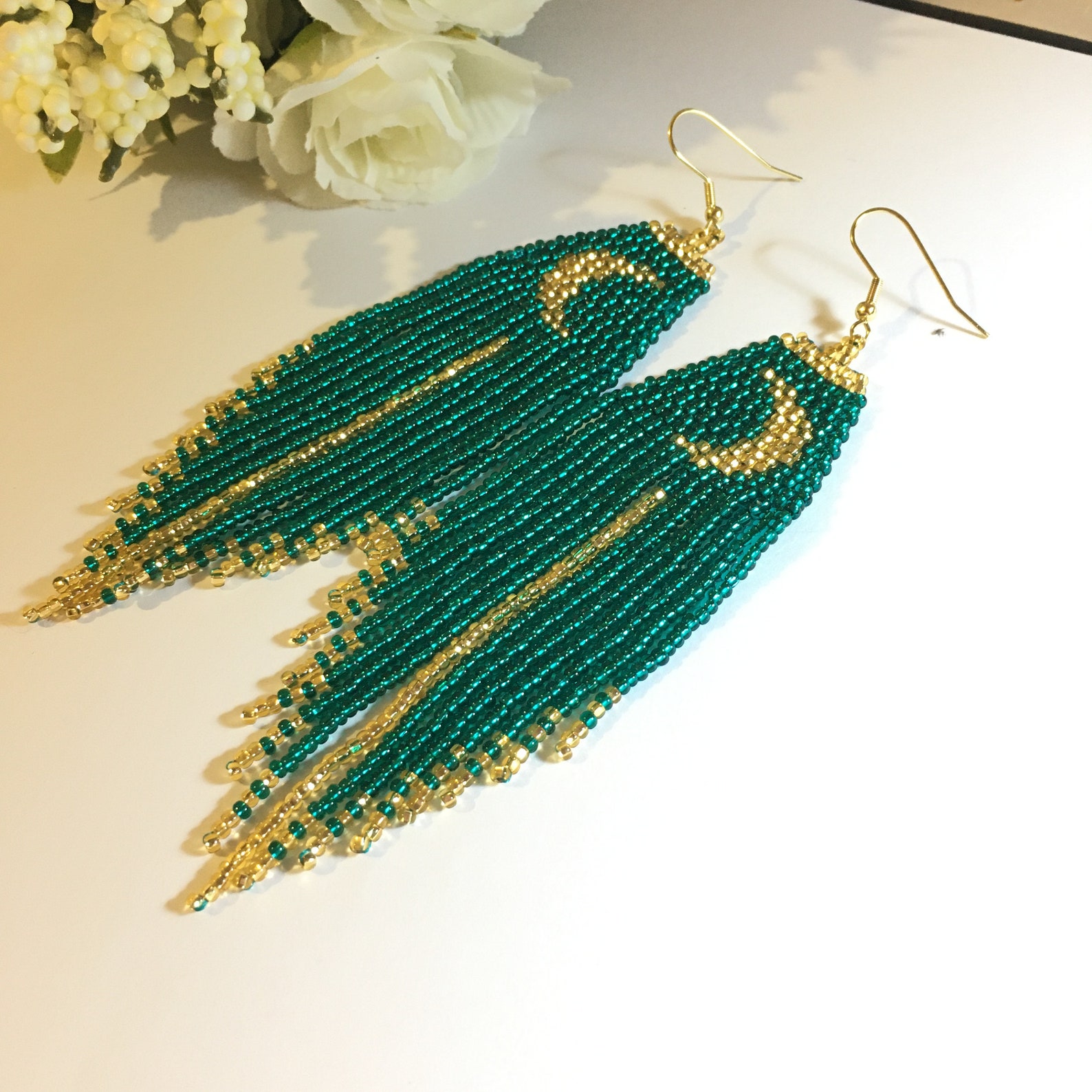 Beaded Moon Earrings Bead Earrings Turquoise Green Long | Etsy