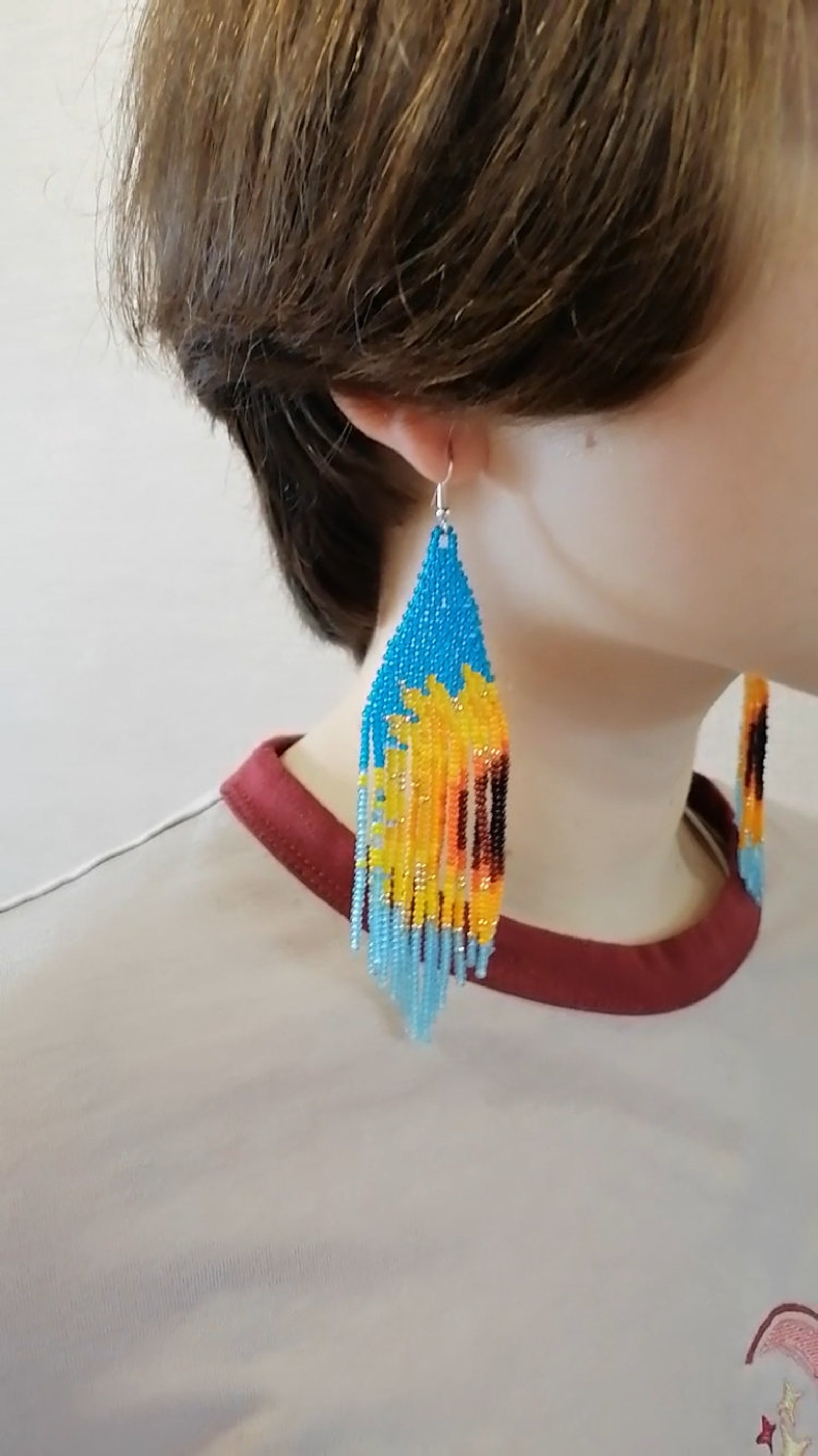 Sunflower Earrings Blue Yellow Long Fringed Earrings Floral | Etsy
