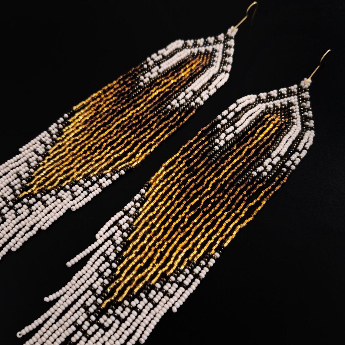 Beaded Earrings, Brown Gold Very Long Earrings, Extra Long Earrings ...