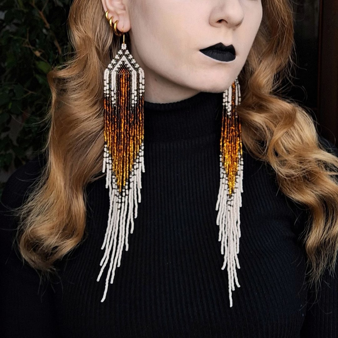 Beaded Earrings, Brown Gold Very Long Earrings, Extra Long Earrings ...