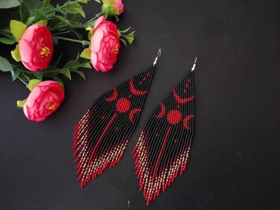 Bead Earrings Earrings Moon Black Red Gold Long Earrings - Etsy