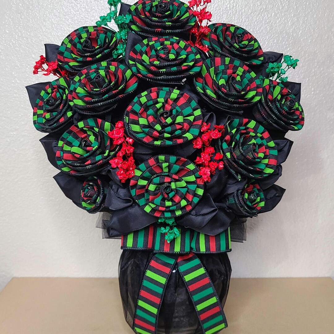 Handmade Ribbon Rose Bouquet Vase, Red Green Black, Juneteenth, Black ...