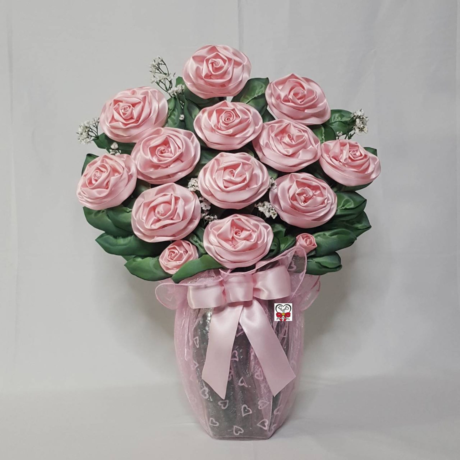 Pink Satin Rose Bouquet Handmade Ribbon Artificial Flowers - Etsy