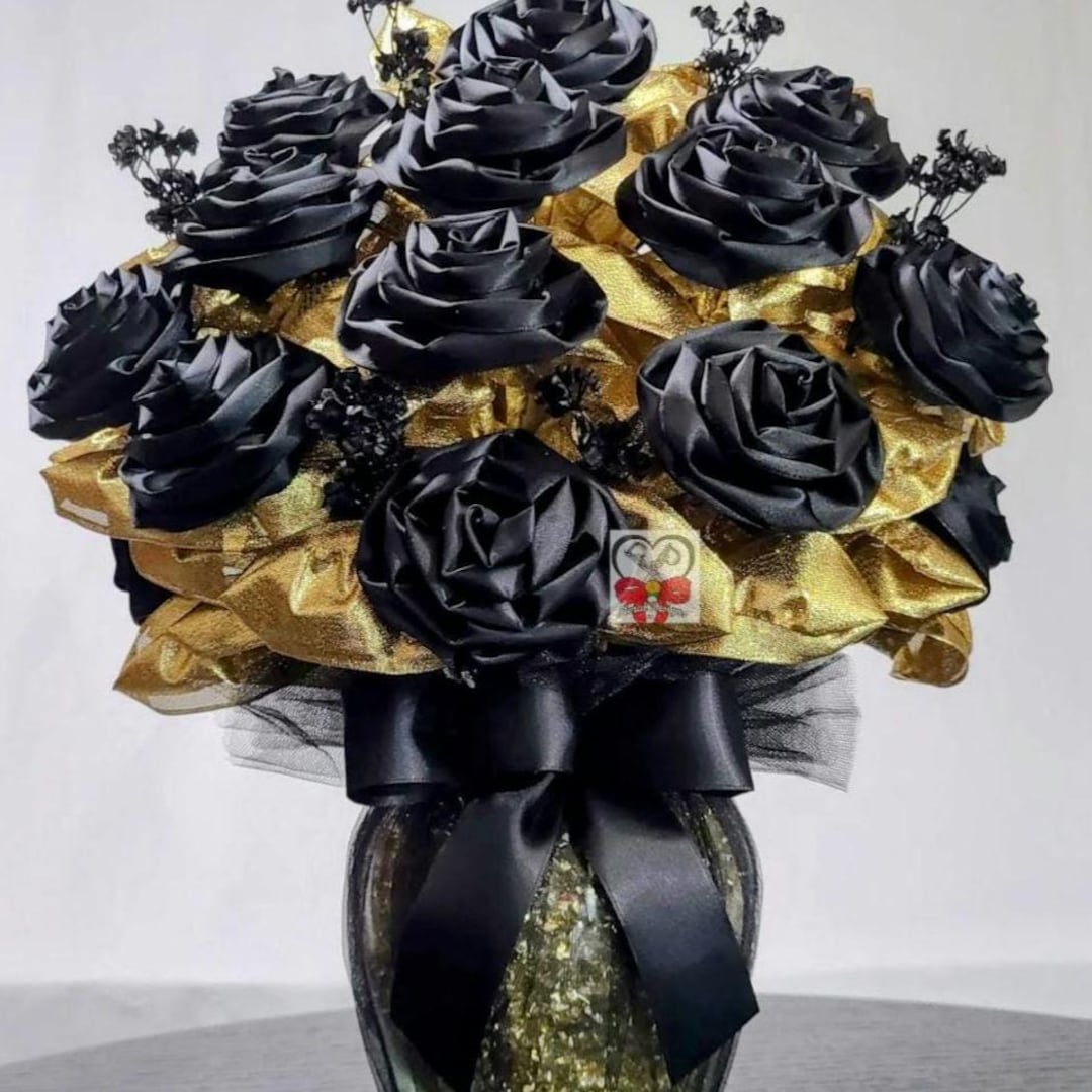 Handmade Black Gold Artificial Flower Arrangement, Satin Ribbon Rose ...