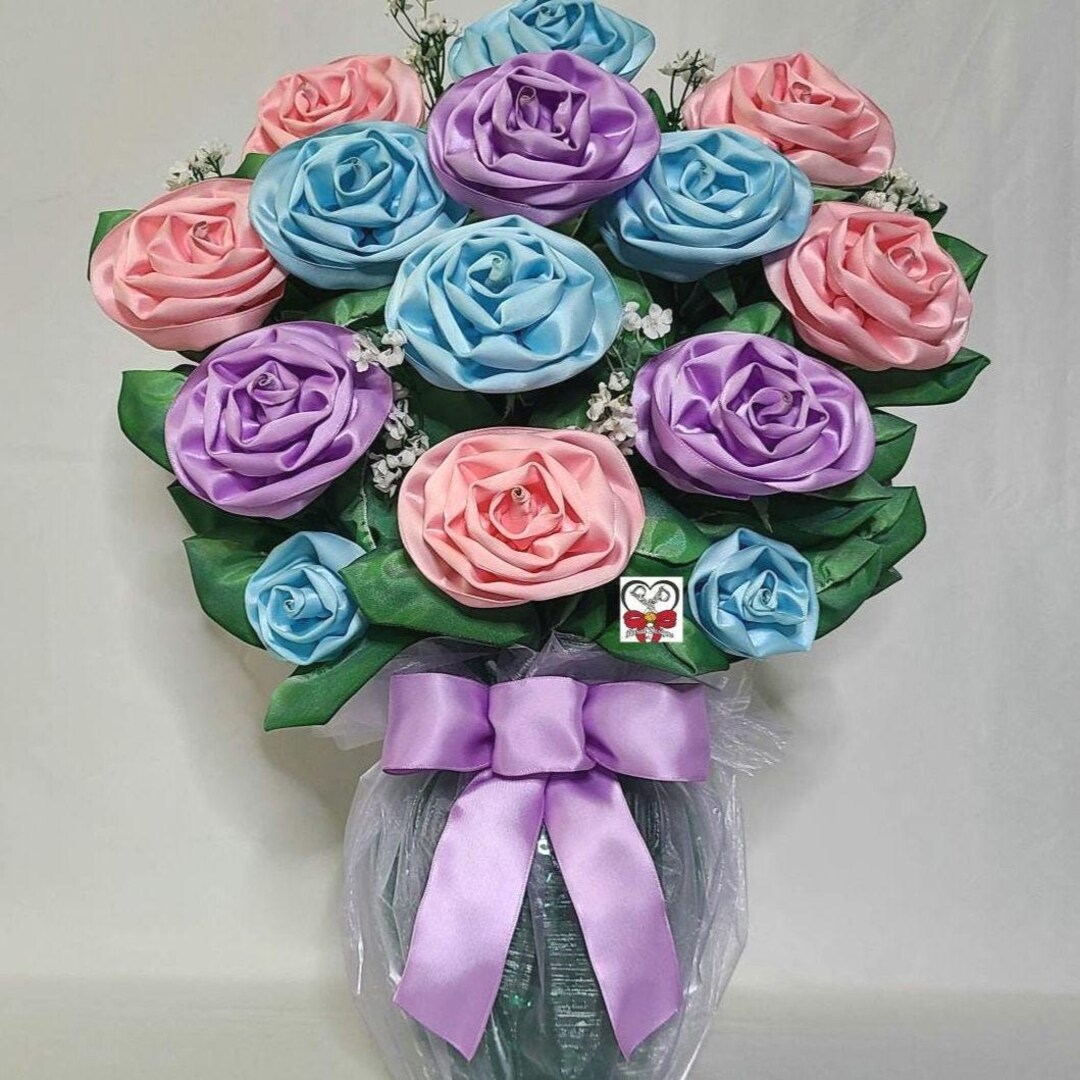 Handmade Pastel Satin Ribbon Rose Bouquet Vase, Easter Centerpiece ...