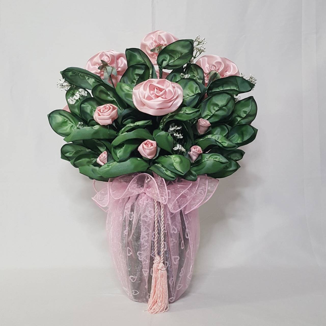 Pink Satin Rose Bouquet Handmade Ribbon Artificial Flowers - Etsy