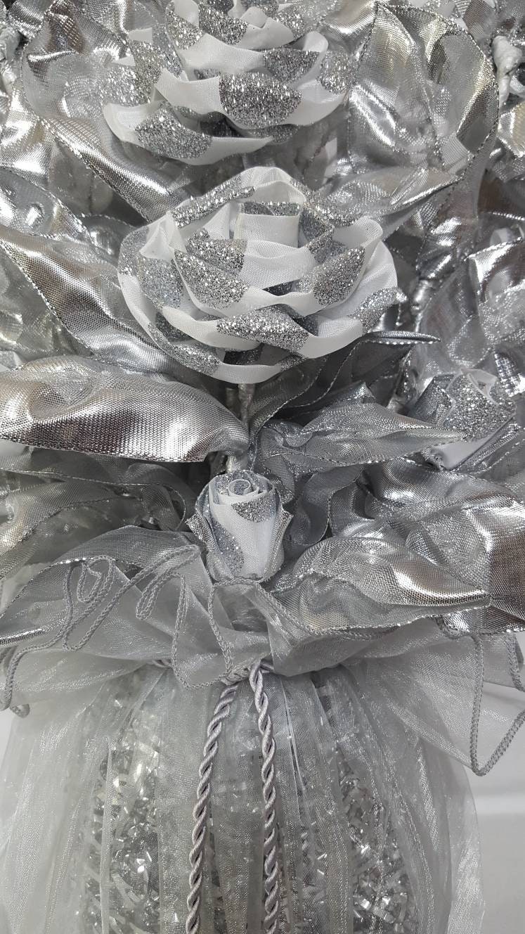 White and Silver Ribbon Roses Handmade Ribbon Flower - Etsy