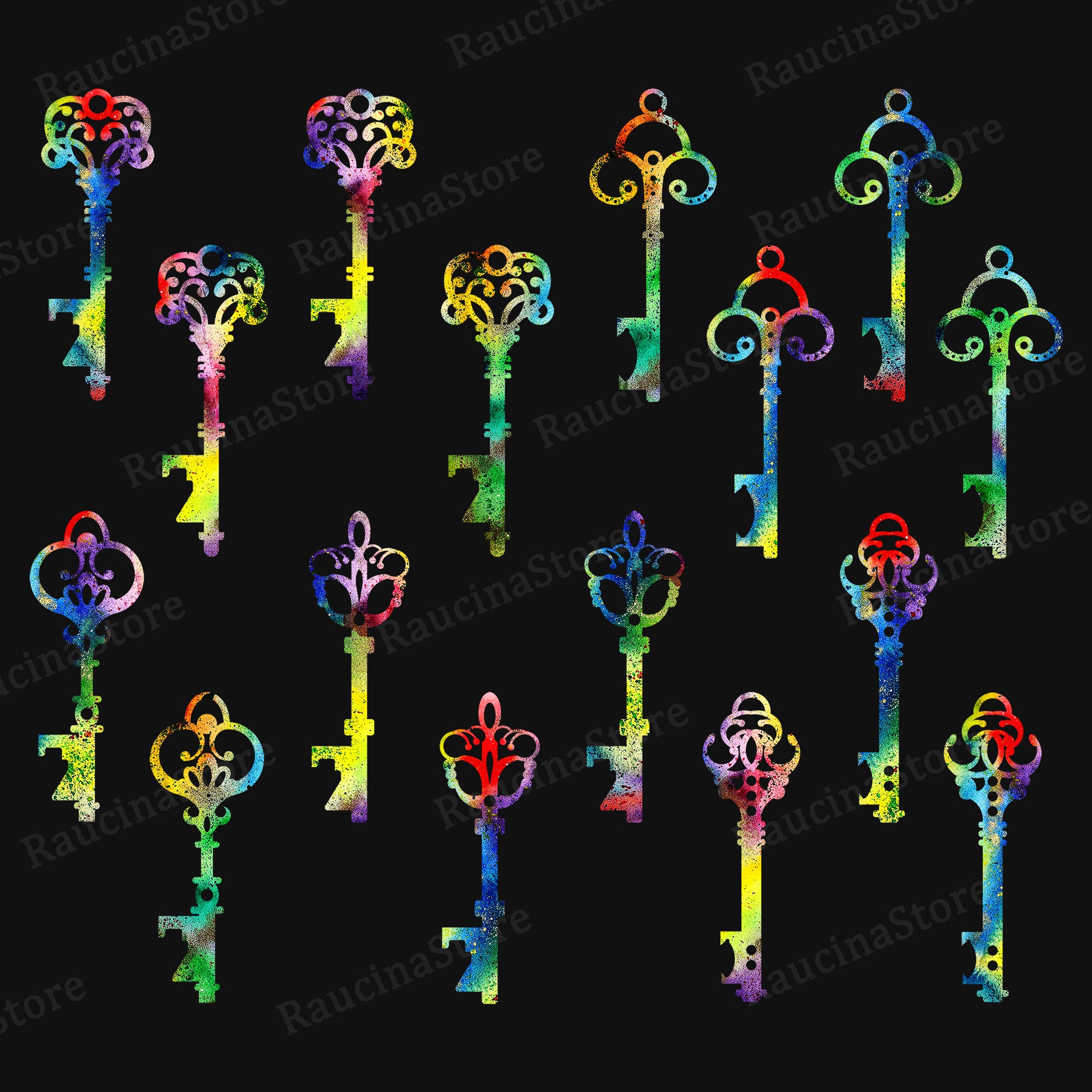 Watercolor Keys Clipart Vintage Keys Clipart Colorful Keys - Etsy