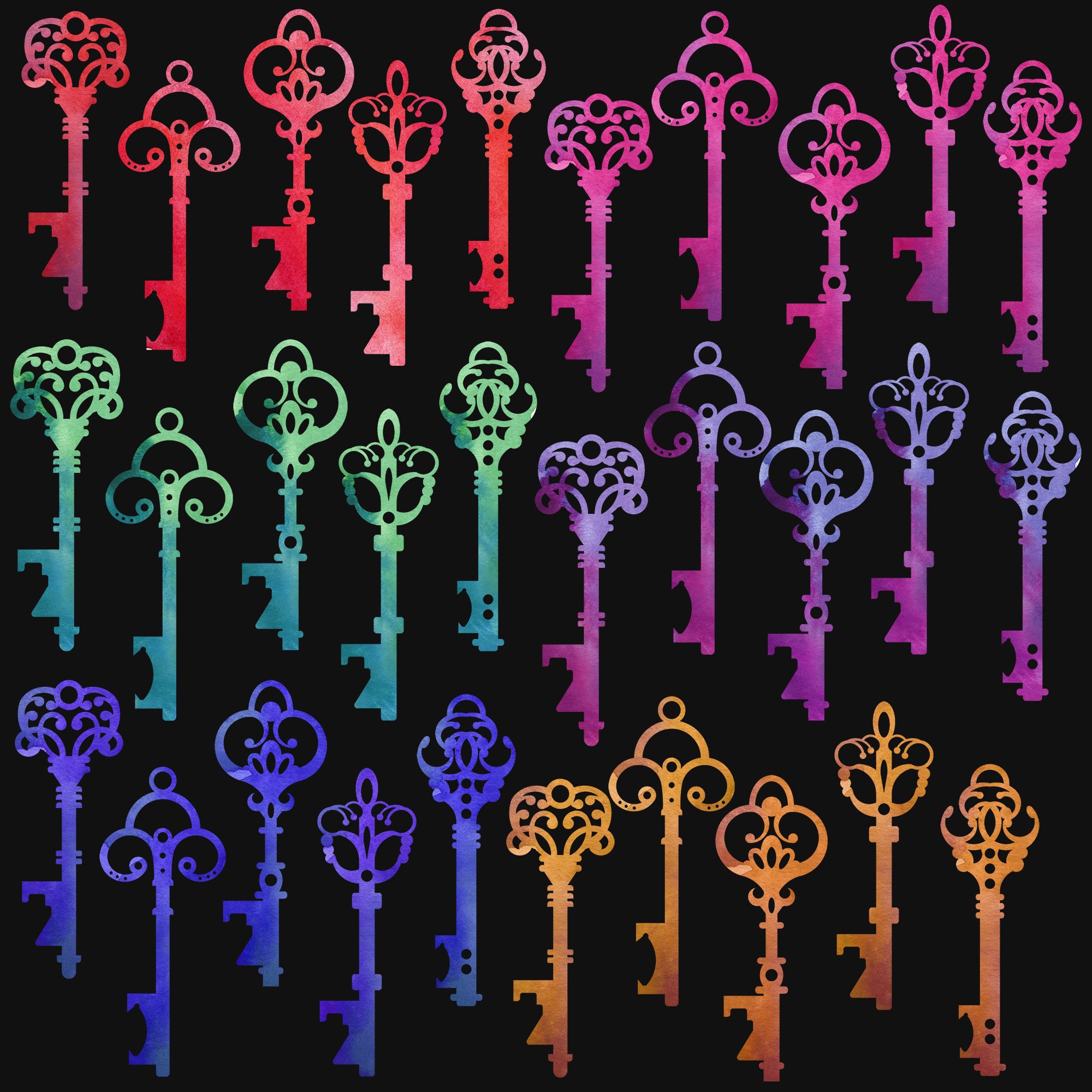 Watercolor Keys Clipart, Vintage Keys Clipart, Colorful Keys Clipart ...