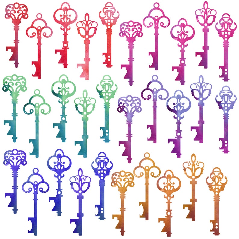 Watercolor Keys Clipart, Vintage Keys Clipart, Colorful Keys Clipart ...