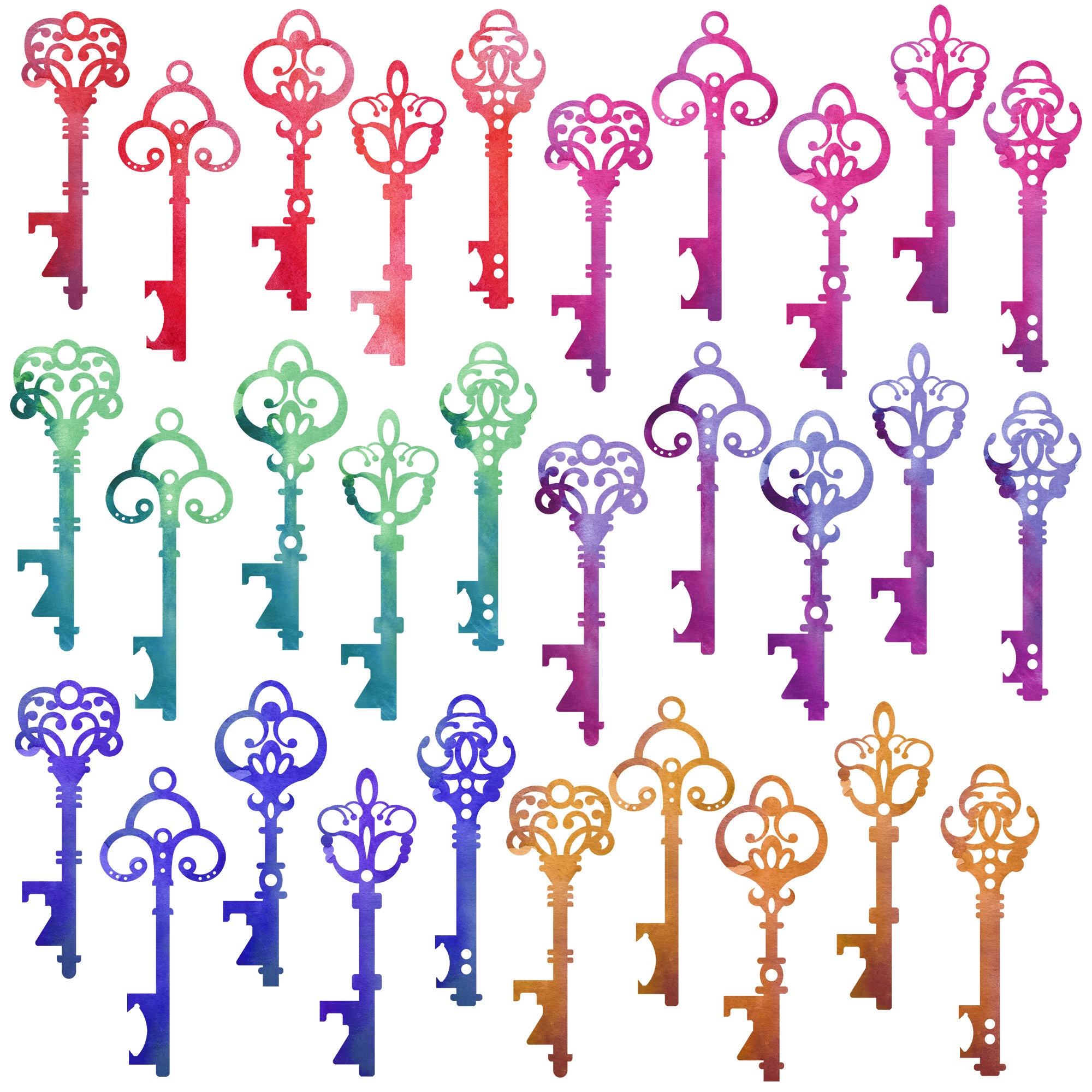 Watercolor Keys Clipart, Vintage Keys Clipart, Colorful Keys Clipart ...