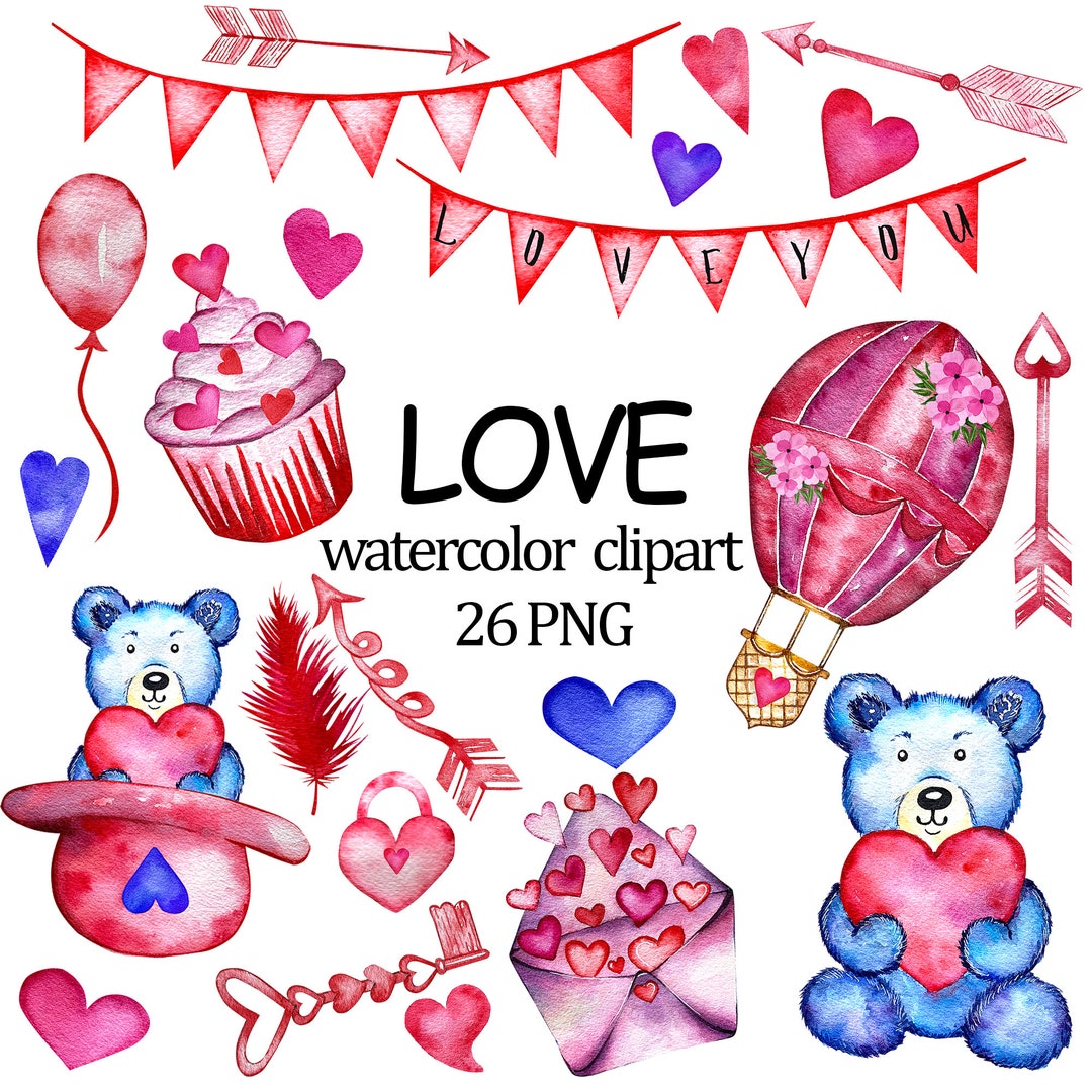 Valentines Dat Clipart, Watercolor Clipart, Bear Clipart, Hot Air ...