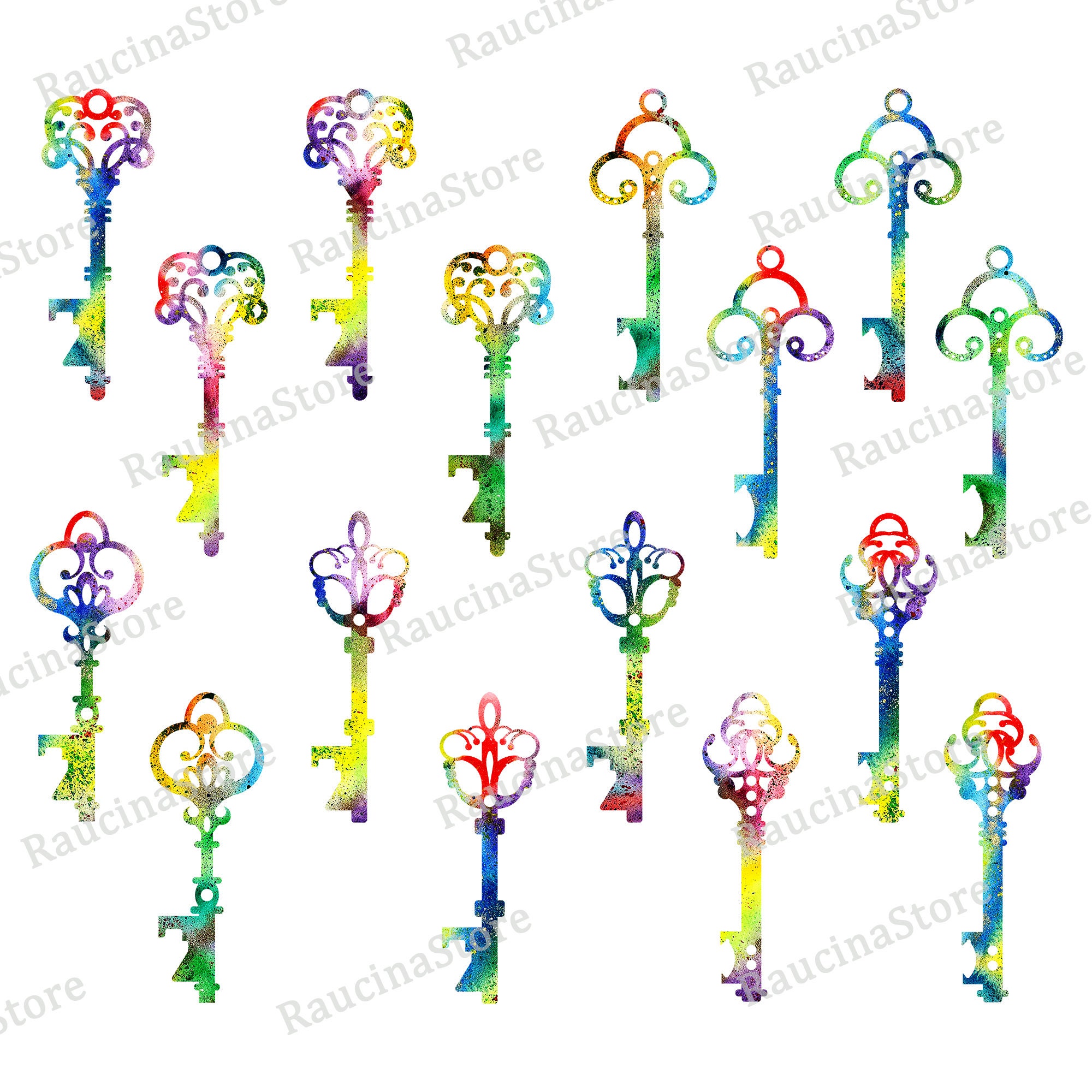 Watercolor keys clipart vintage keys clipart colorful keys | Etsy