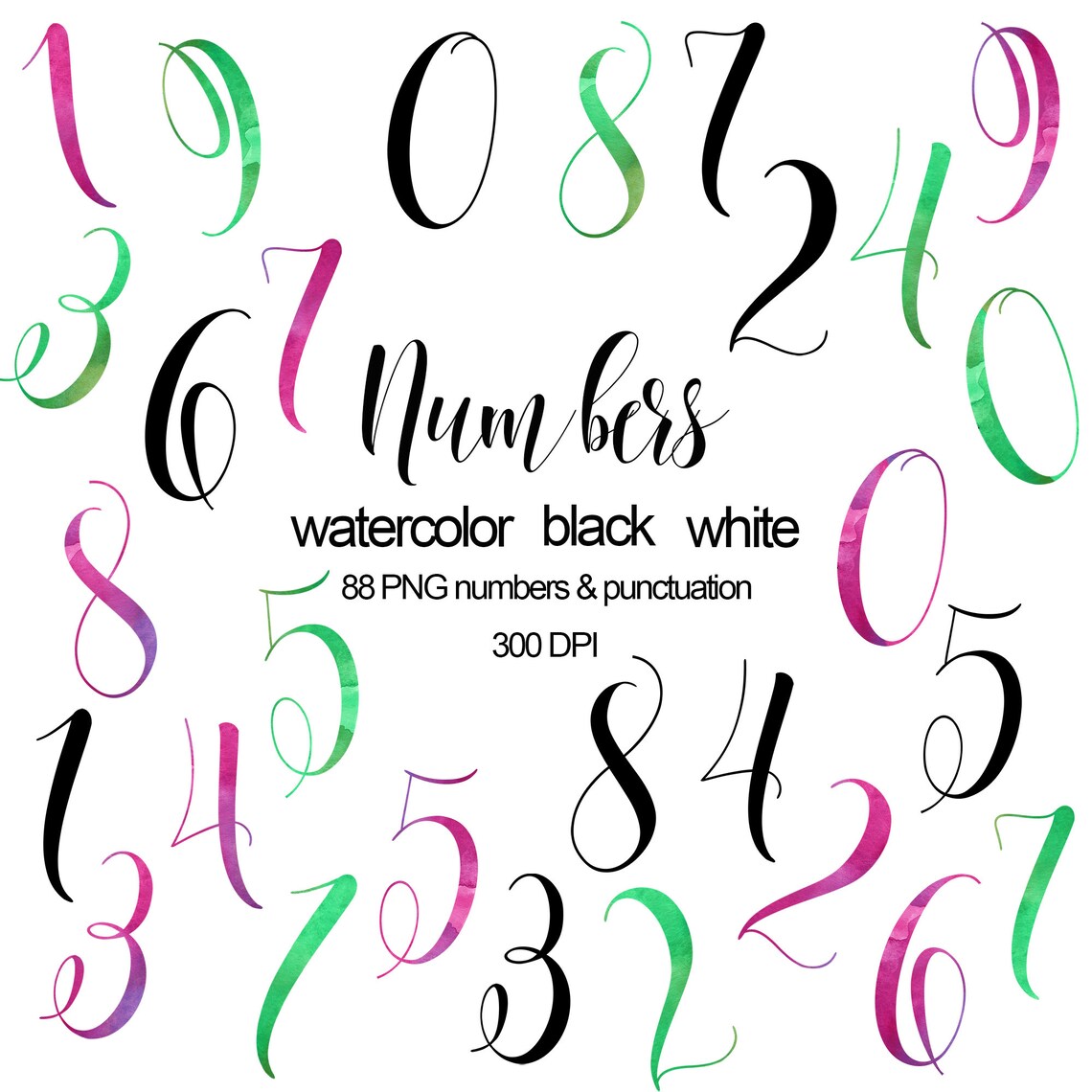 Watercolor Numbers Clipart Numbers Clipart Black Numbers | Etsy
