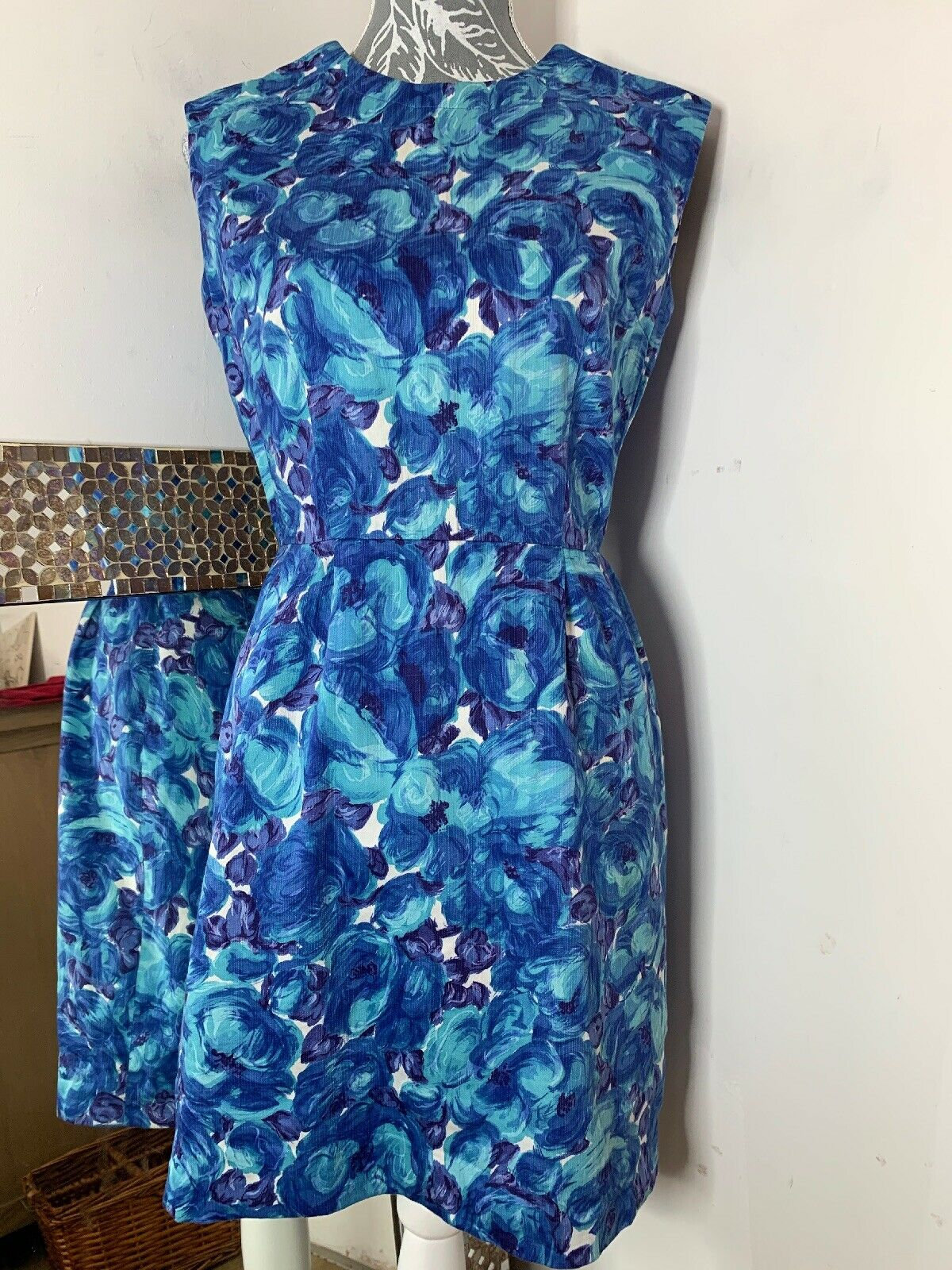 Vintage st michael coton satin bleu floral shift robe 38 hanches 27 " w ...