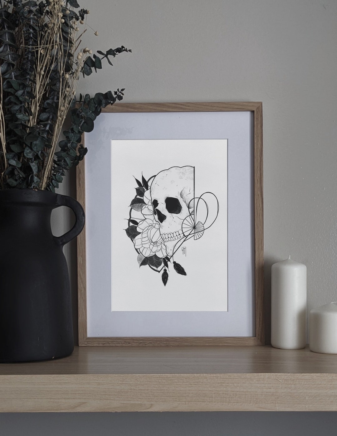 Floral Skull Fan Art Print Skull Art Print Fine Line Art Floral Print ...