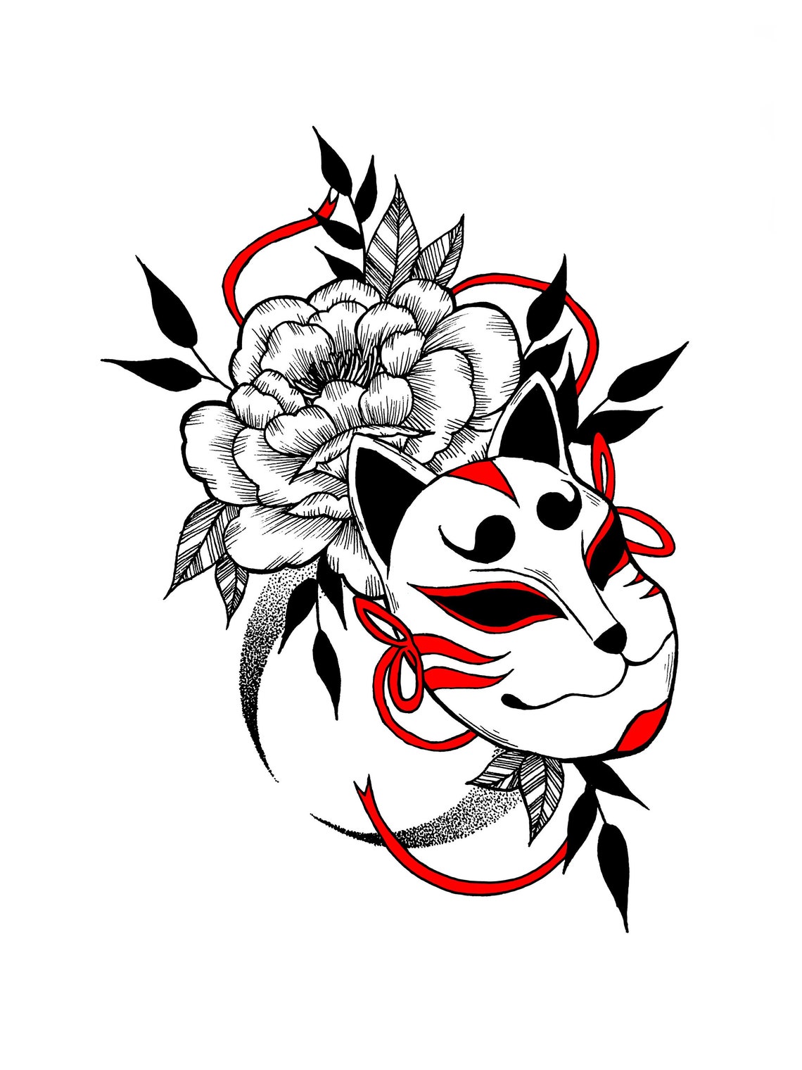 Kitsune Art Print Floral Print Fine Line Art Japanese - Etsy Canada