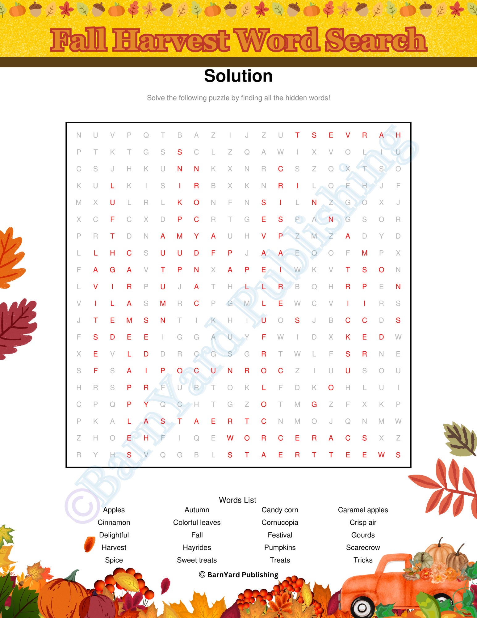 Fall Harvest Word Search Printable Puzzle Digital Activity for Kids ...