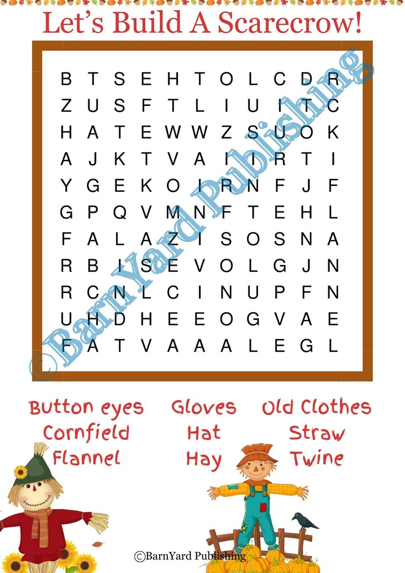 Scarecrow Word Search Printable Puzzle | Digital Activity for Kids Teachers and Adults 1 Puzzle ...