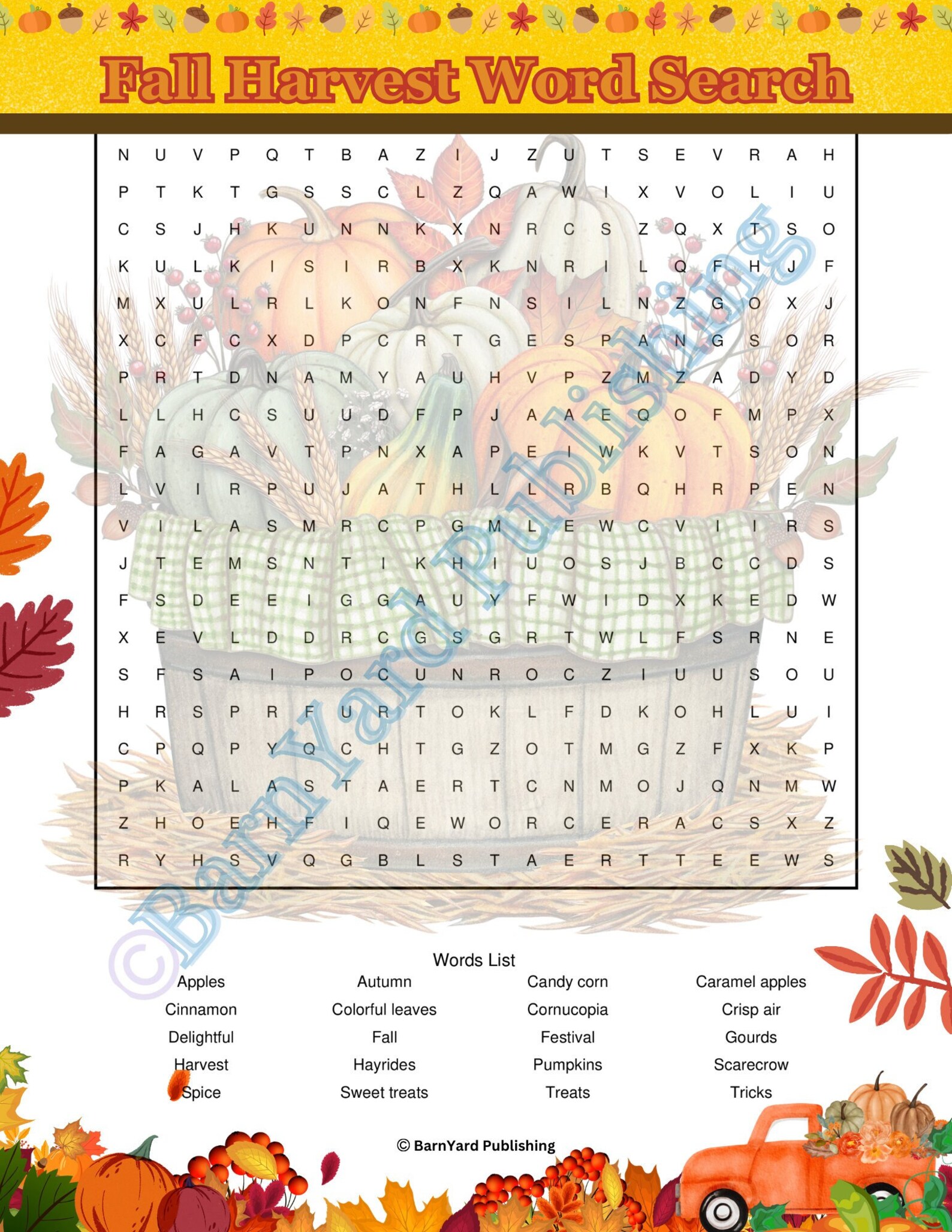 Fall Harvest Word Search Printable Puzzle Digital Activity for Kids ...