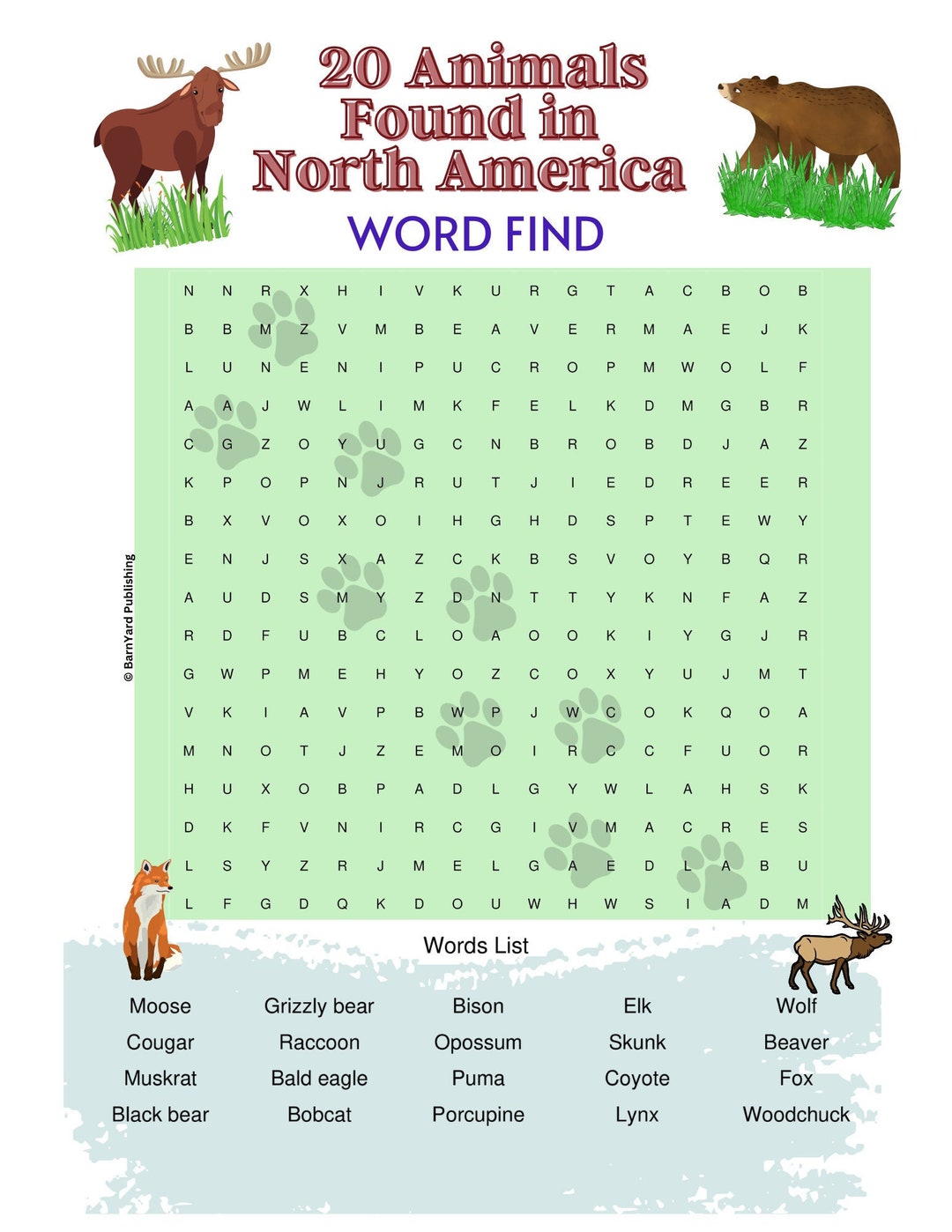 Printable Word Find - 20 Animals Found in North America , 1 Color ...
